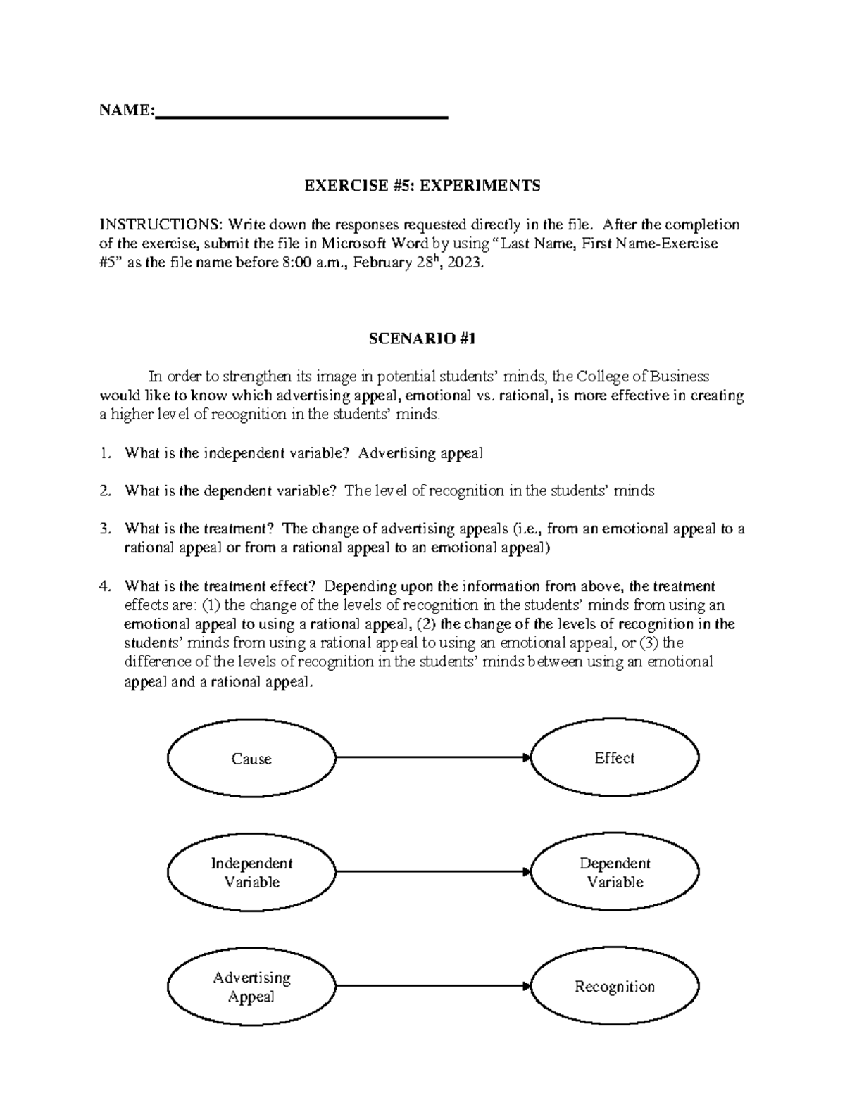 Exercise #5-Experiments - NAME: EXERCISE #5: EXPERIMENTS INSTRUCTIONS ...