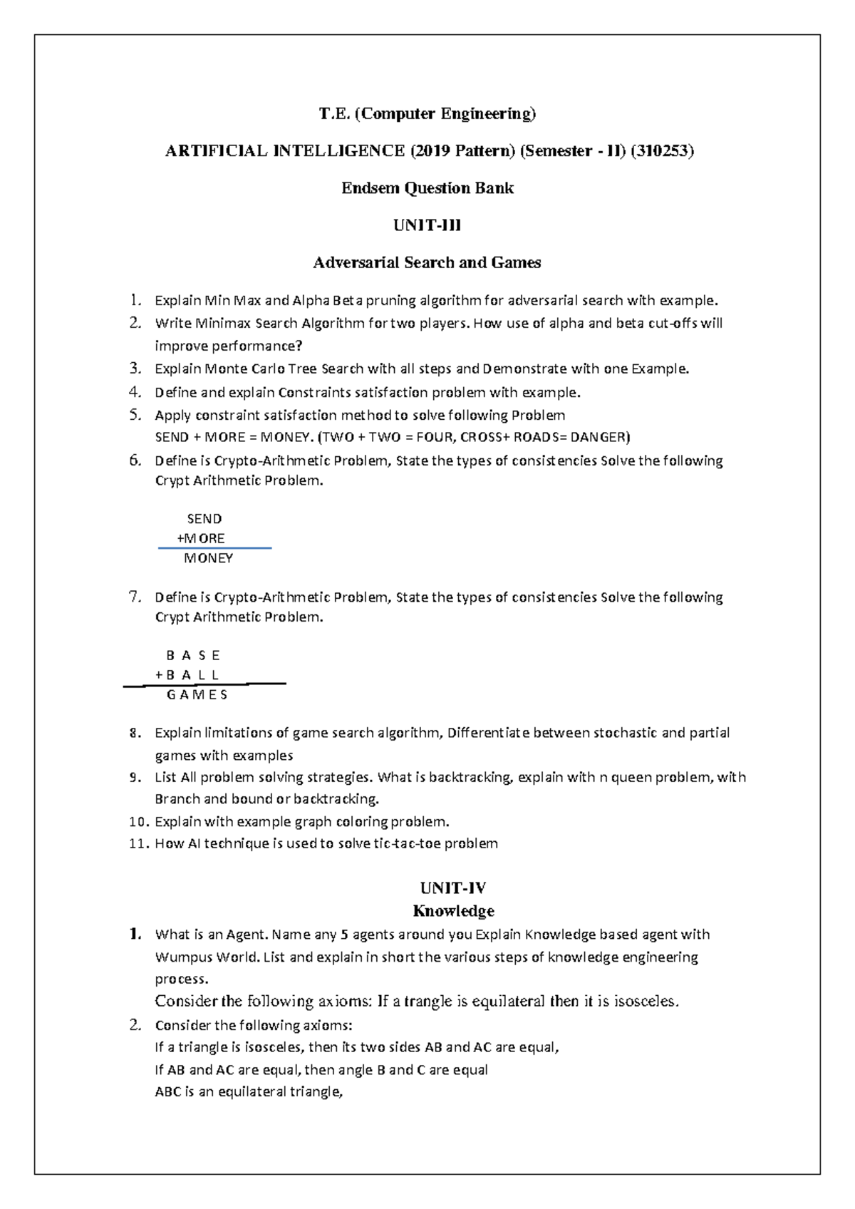 IMP Unitwise AI Endsem QB 2019 PAT - T. (Computer Engineering) ARTIFICIAL INTELLIGENCE (2019 ...