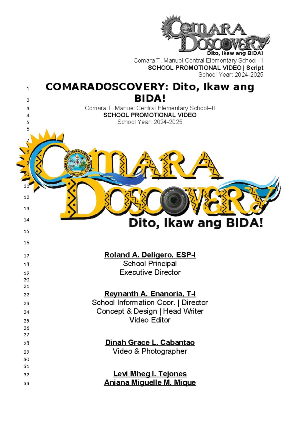 Comara Doscovery Promotional Video Script - SCHOOL PROMOTIONAL VIDEO ...