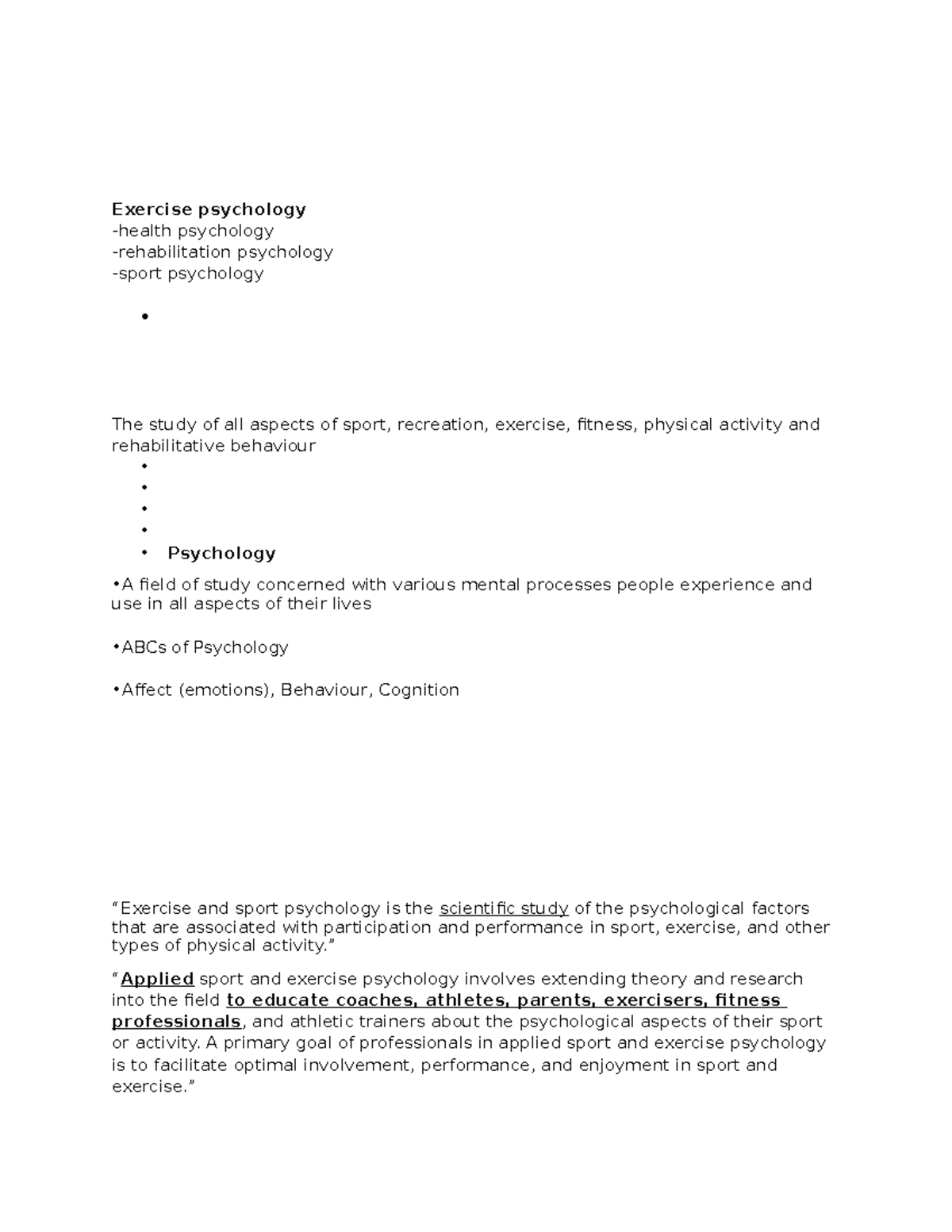 Lecture Notes physc - Exercise psychology -health psychology ...
