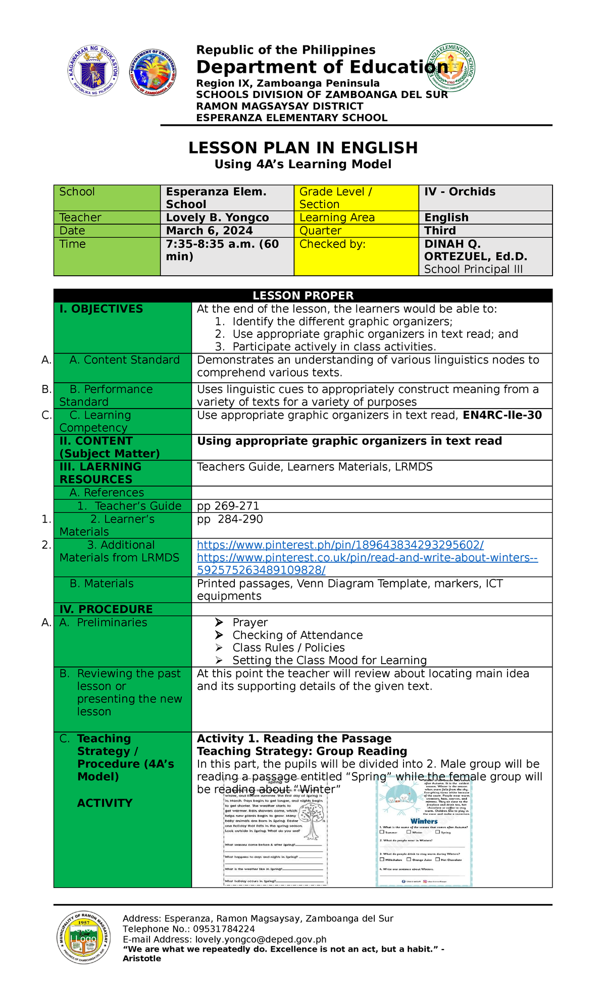 LP Colored - lesson plan for COT - Address: Esperanza, Ramon Magsaysay ...