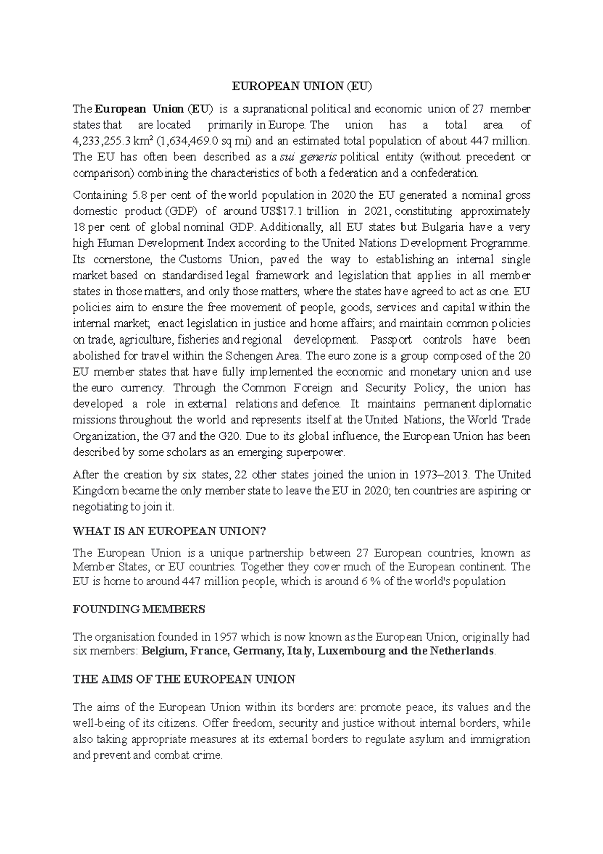 European Union - its a lecture note - EUROPEAN UNION (EU) The European ...