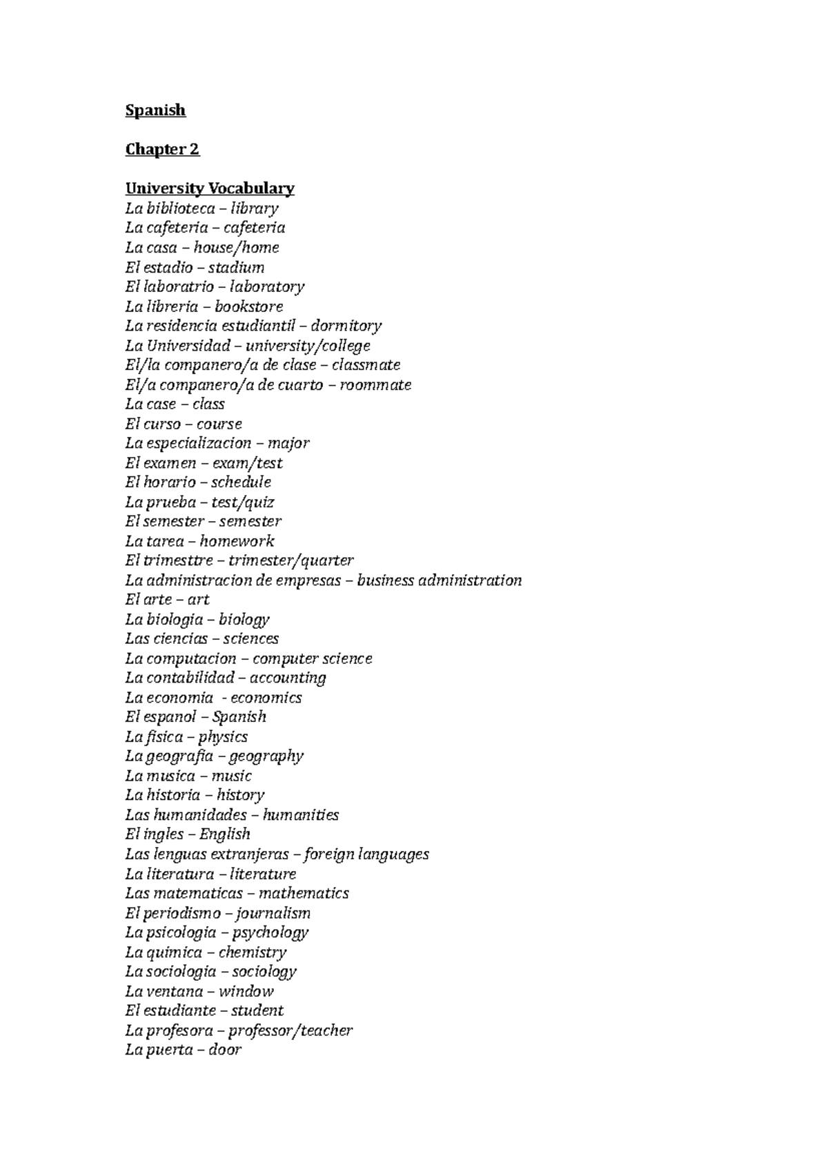 Spanish Chapter 2 - Spanish Chapter 2 University Vocabulary La ...