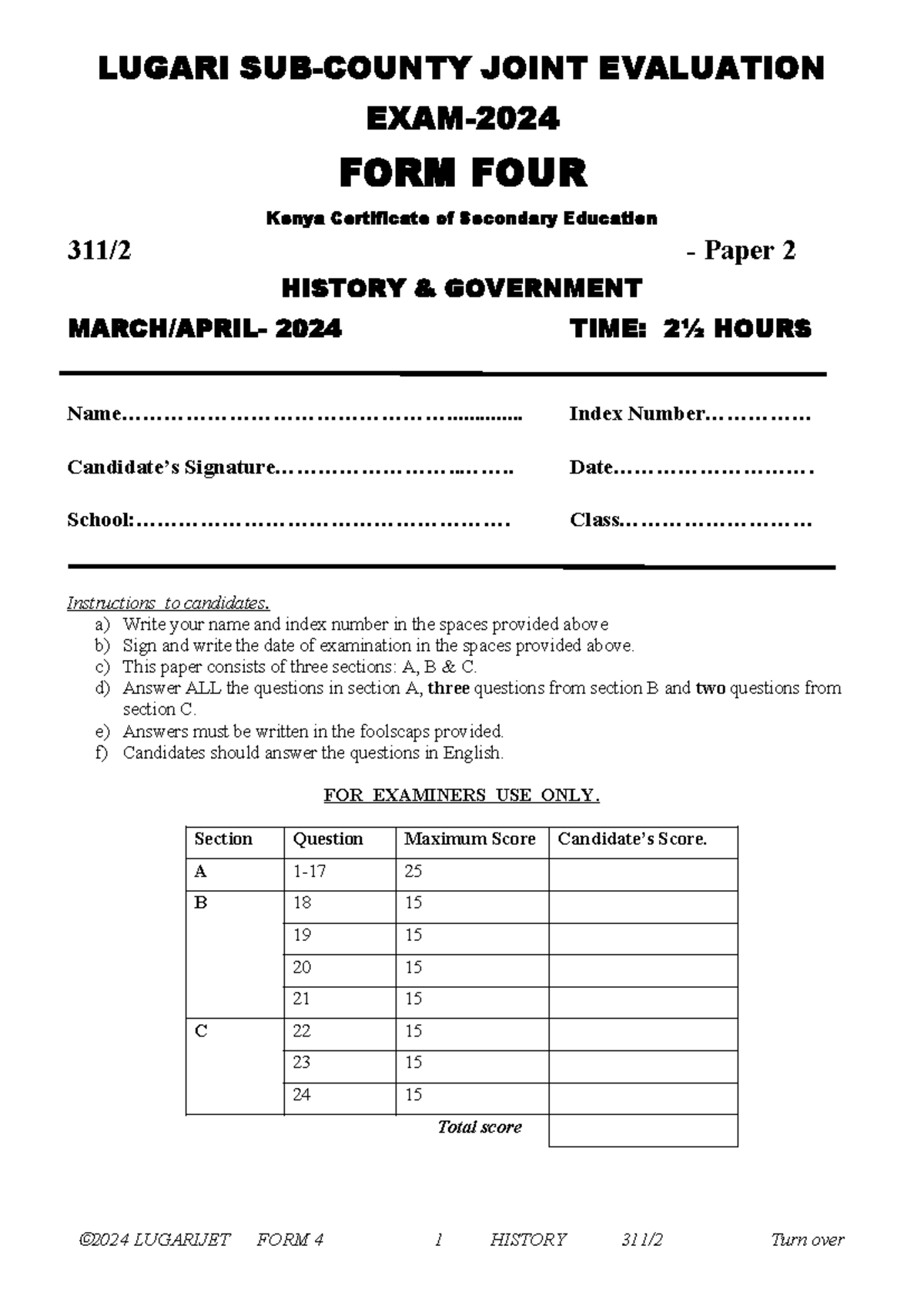 History PP2 QNS - Take Home Assignment - LUGARI SUB-COUNTY JOINT ...