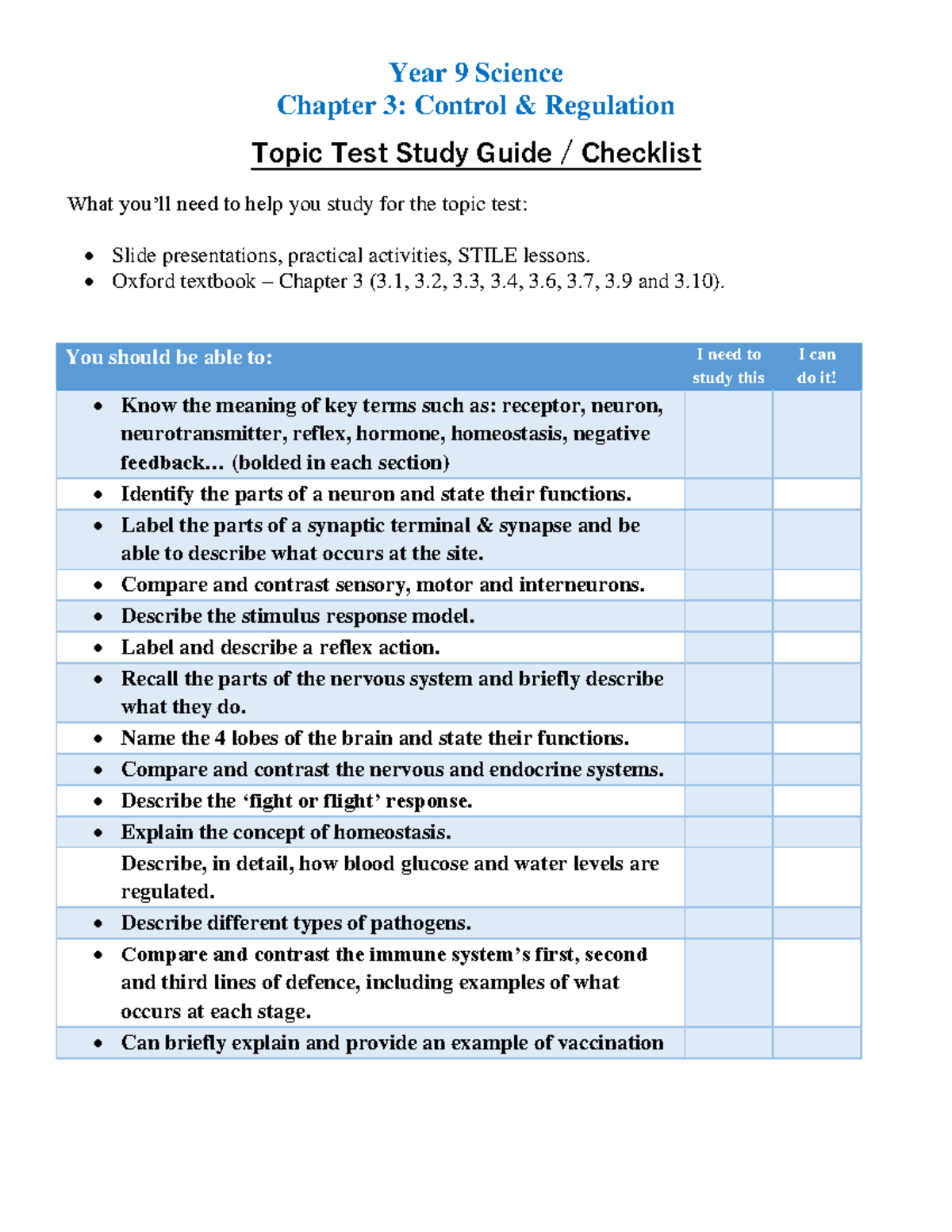 CAT Checklist - Control and Regulation - Year 9 Science Chapter 3 ...