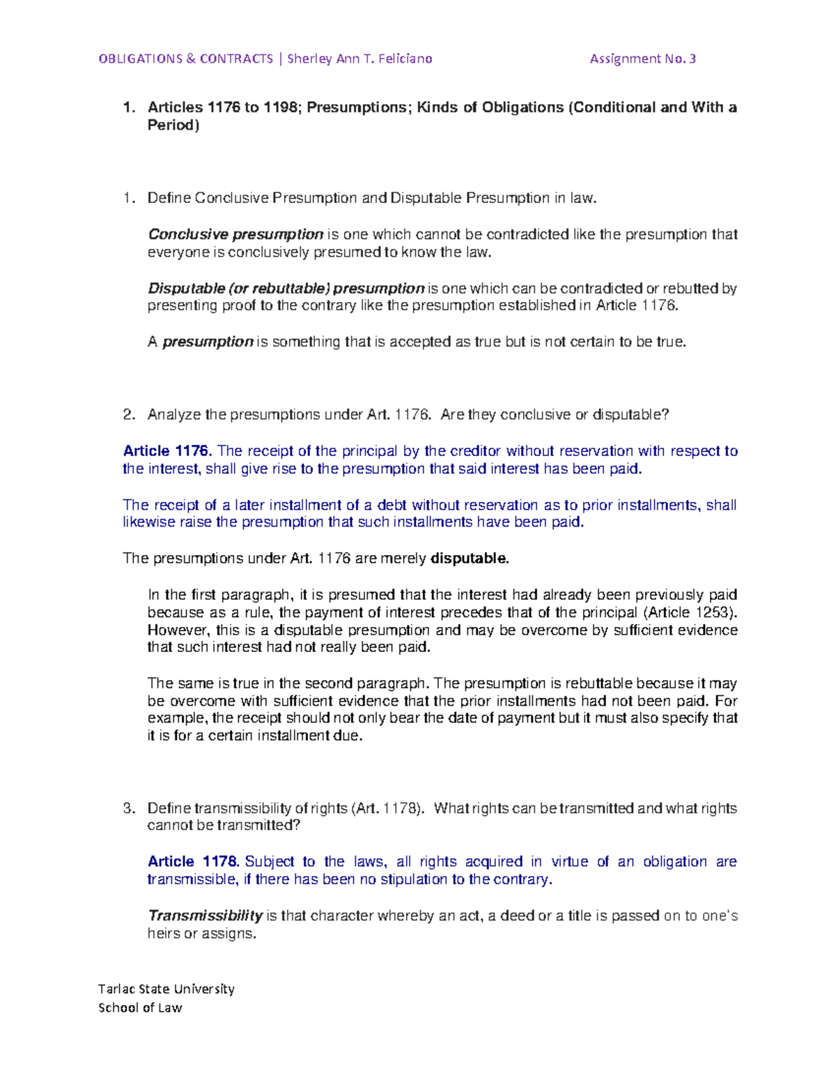 Kinds of Obligations - Art. 1179-1230 - Tarlac State University 1 ...