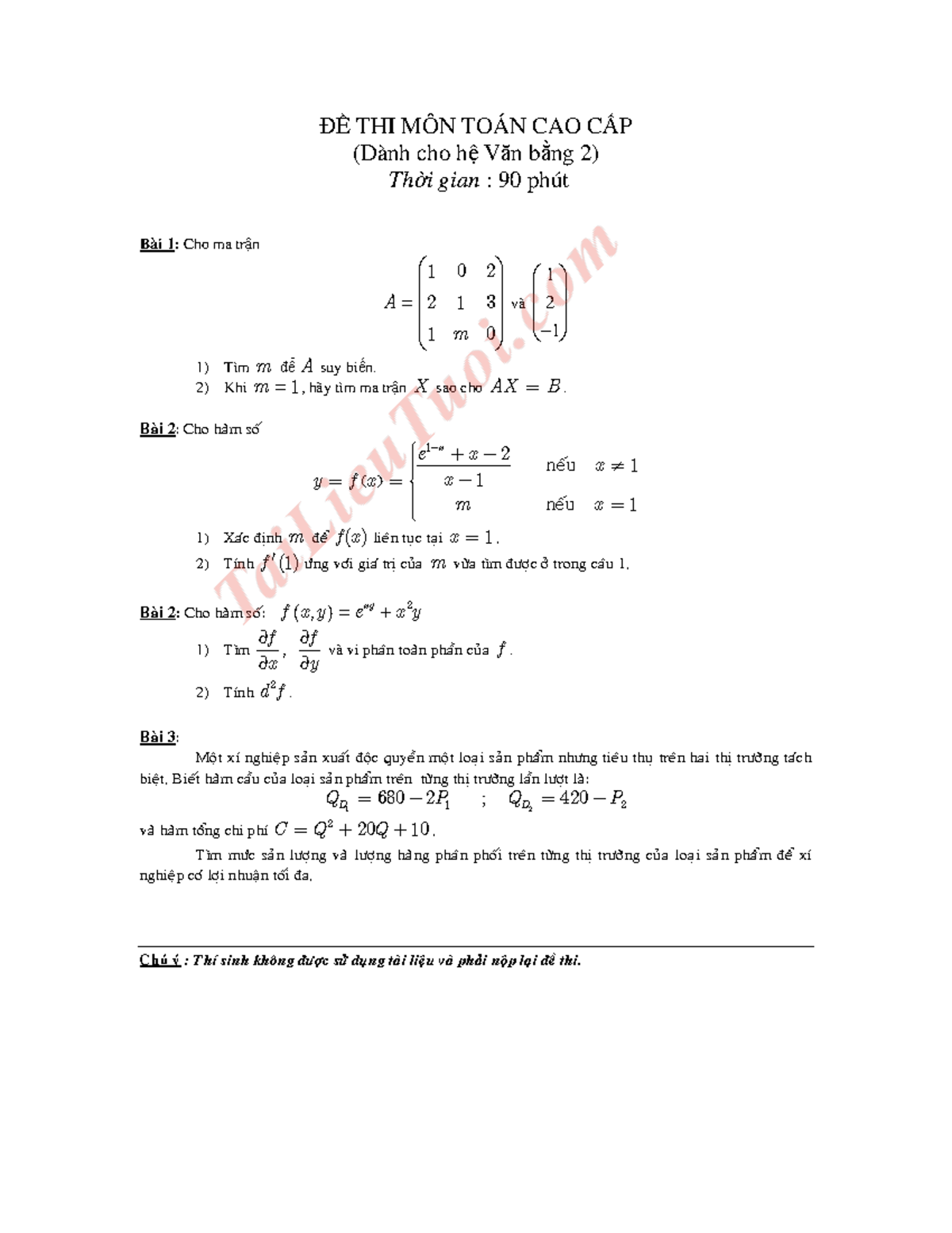 Đề thi môn Toán cao cấp (Dành cho hệ Văn bằng 2) - ĐH Kinh tế TP. HCM (download tai tailieutuoi ...