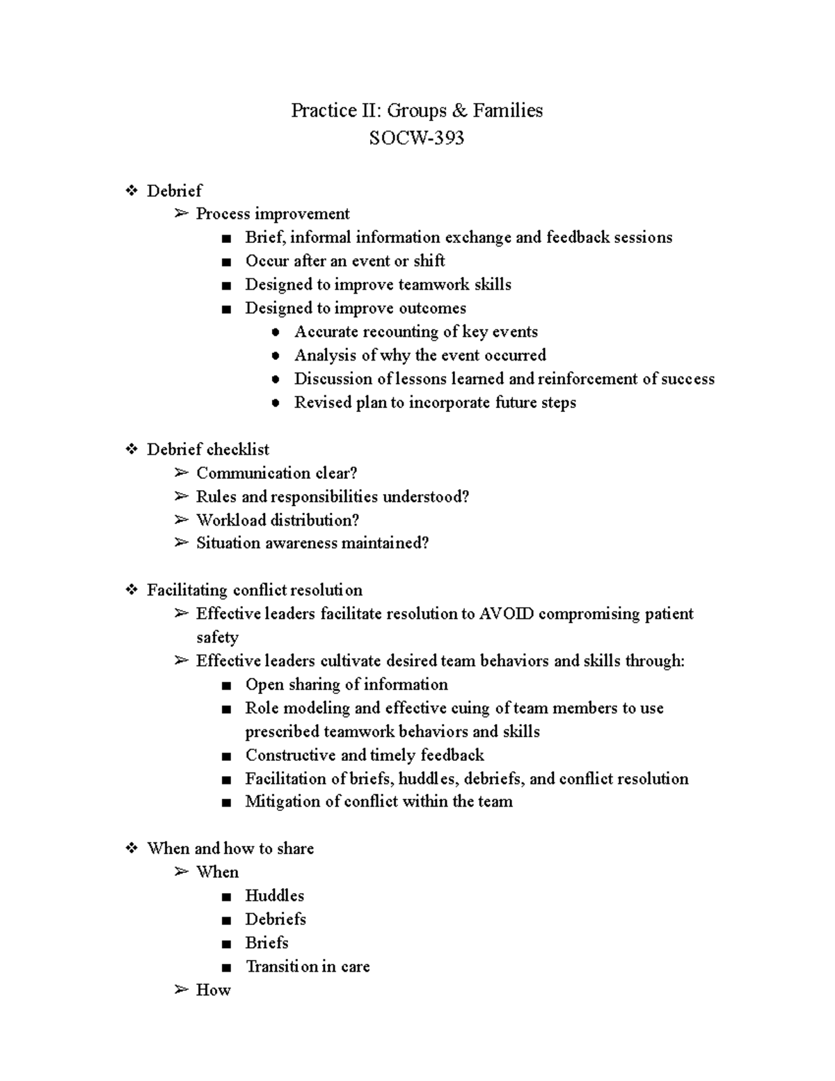 SOCW-393 Notes: Debrief - Practice II: Groups & Families SOCW- Debrief ...