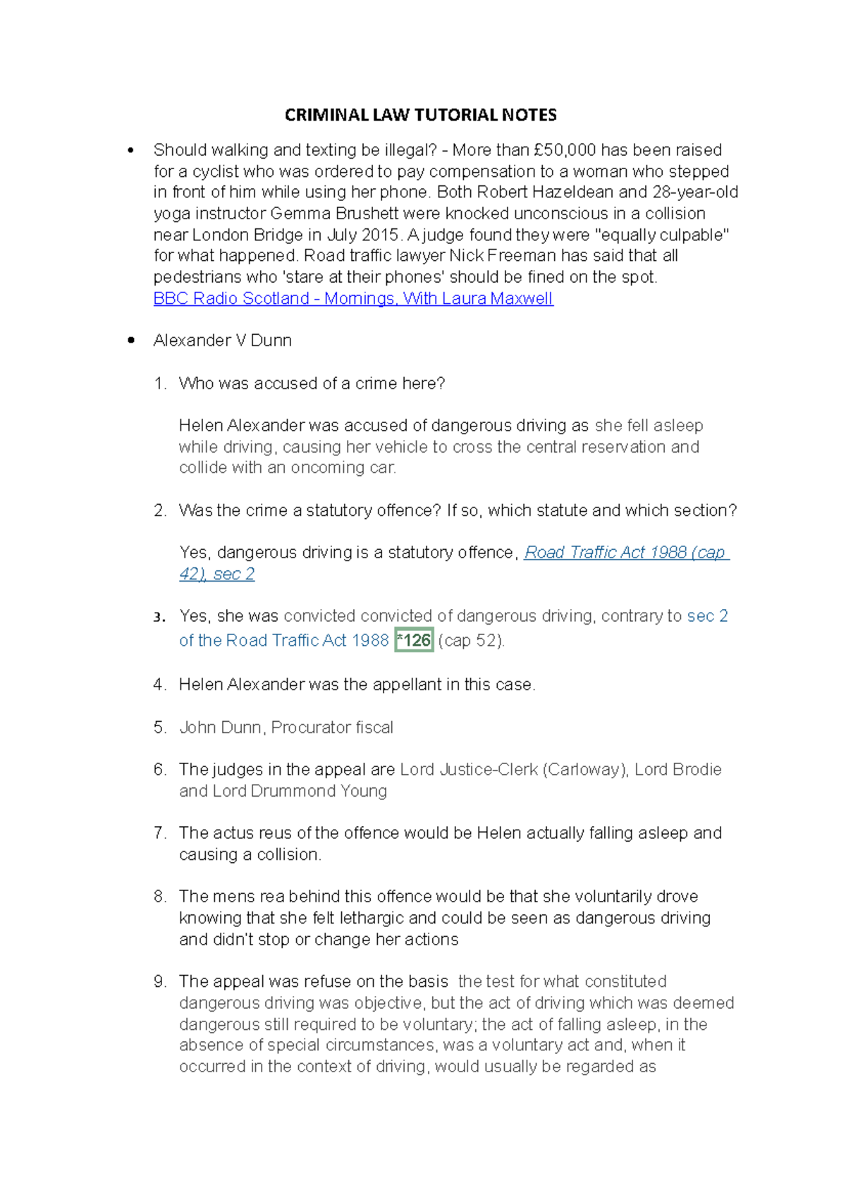 Criminal LAW Tutorial Notes - CRIMINAL LAW TUTORIAL NOTES Should ...