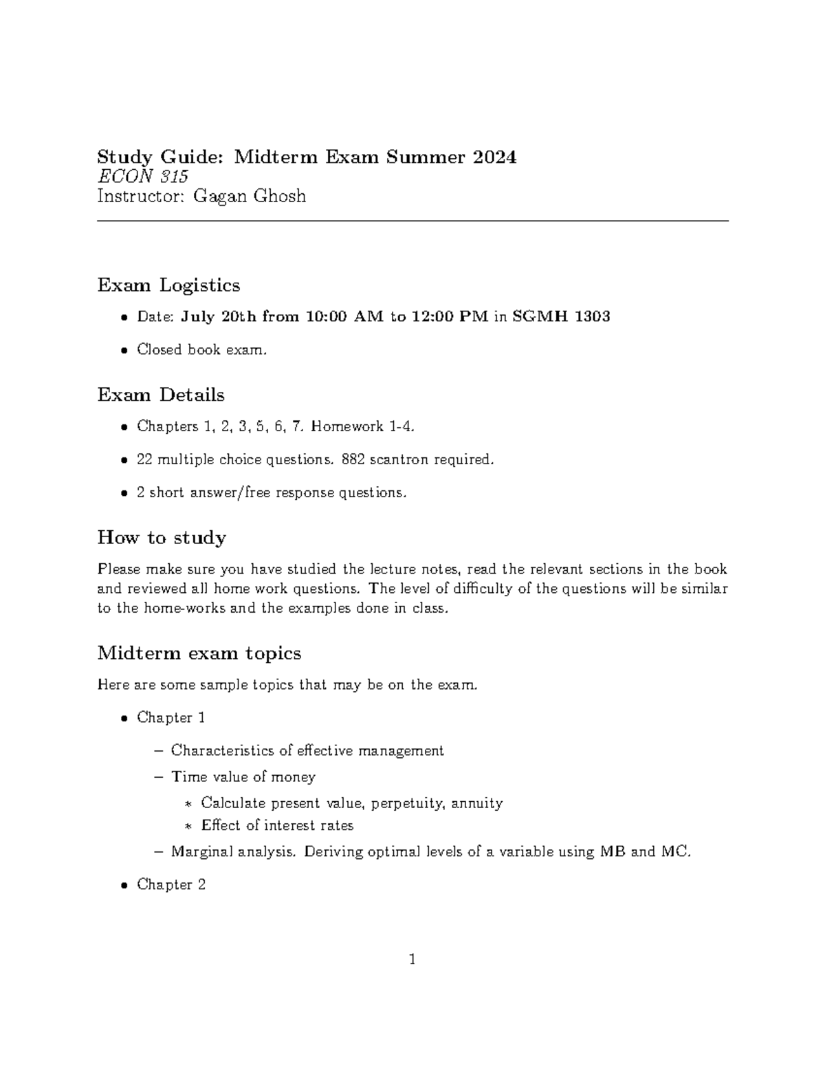 Midterm exam study guide - Study Guide: Midterm Exam Summer 2024 ECON ...