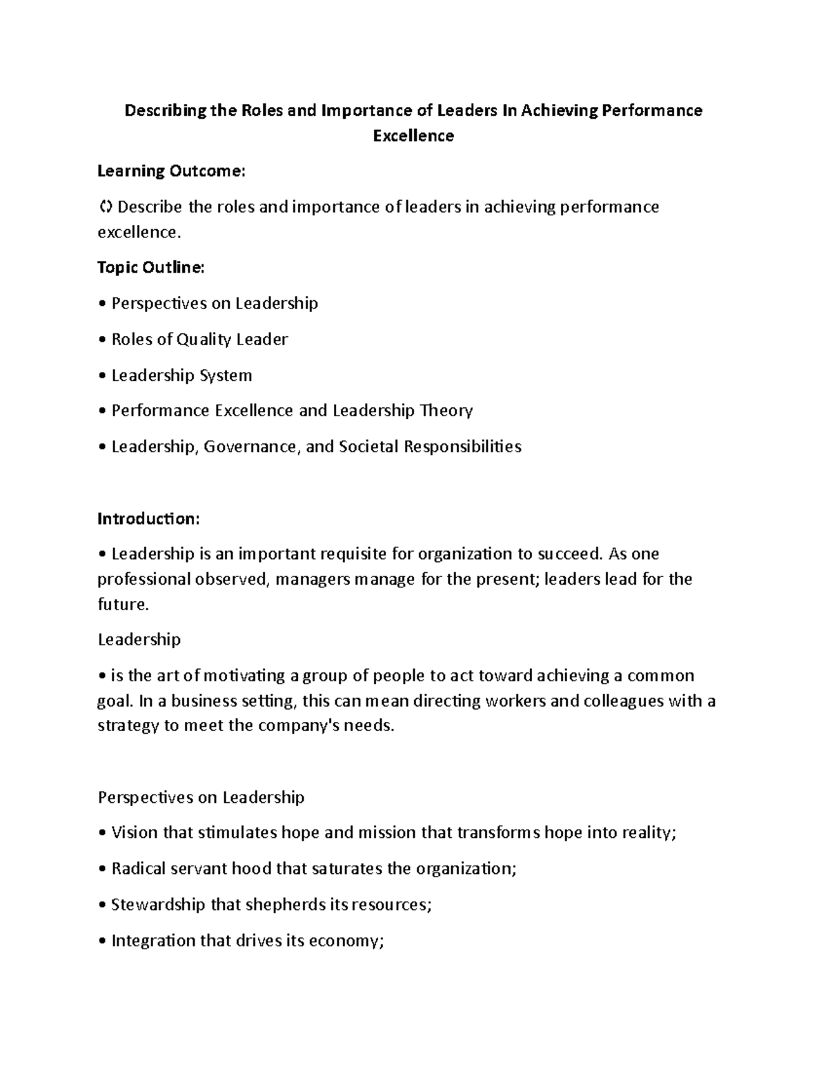 Describing the Roles and Importance of Leaders In Achieving Performance ...