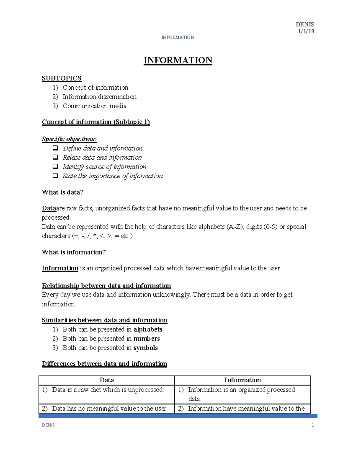 1. Information - 1/1/ INFORMATION INFORMATION SUBTOPICS Concept of ...