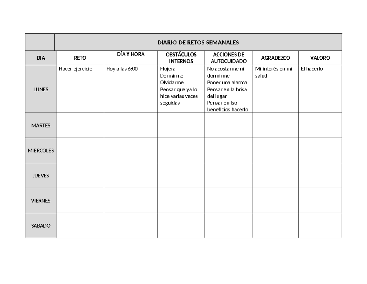 Diario de Retos - DIARIO DE RETOS SEMANALES DIA RETO DÍA Y HORA ...