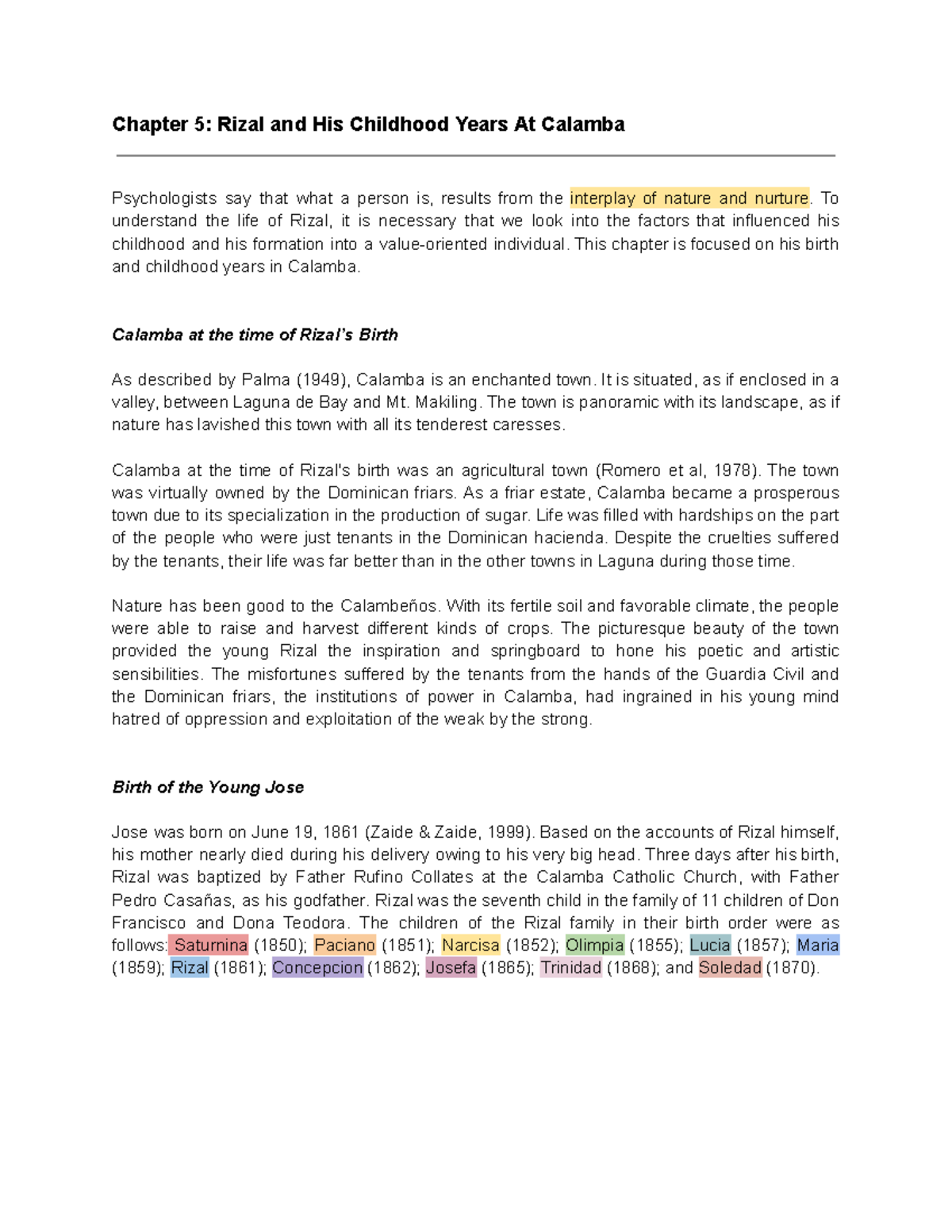 Chapter 5 Rizal - Chapter 5: Rizal and His Childhood Years At Calamba Psychologists say that ...