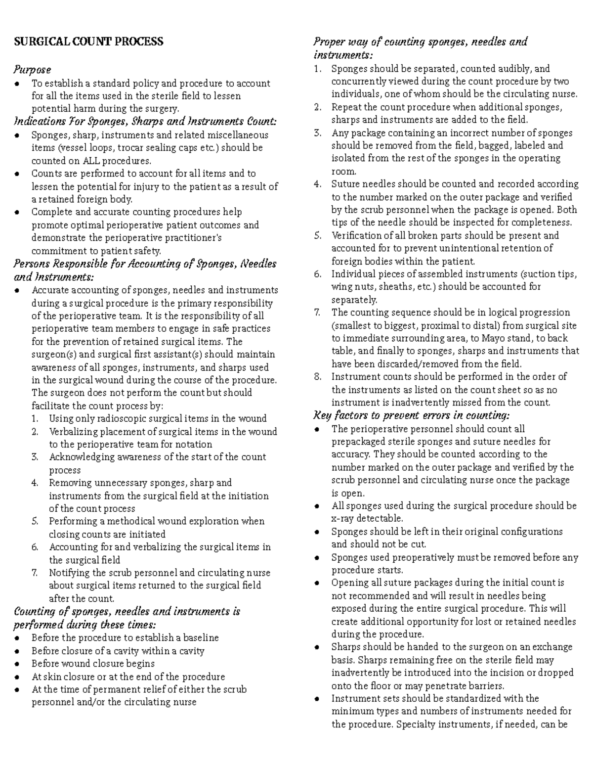OR RLE Notes Prelims - SURGICAL COUNT PROCESS Purpose To establish a ...