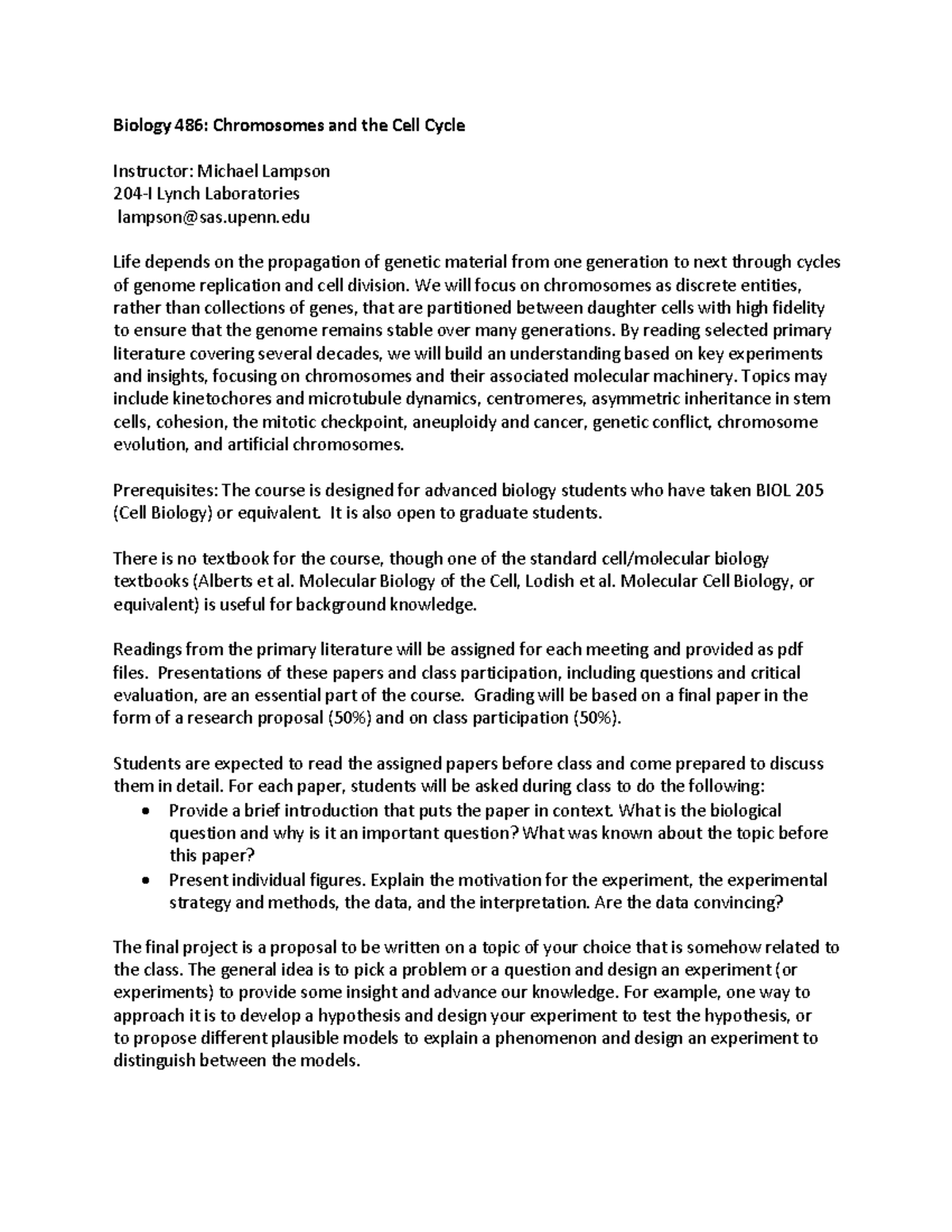 486 prospectus spring - Biology 486: Chromosomes and the Cell Cycle ...