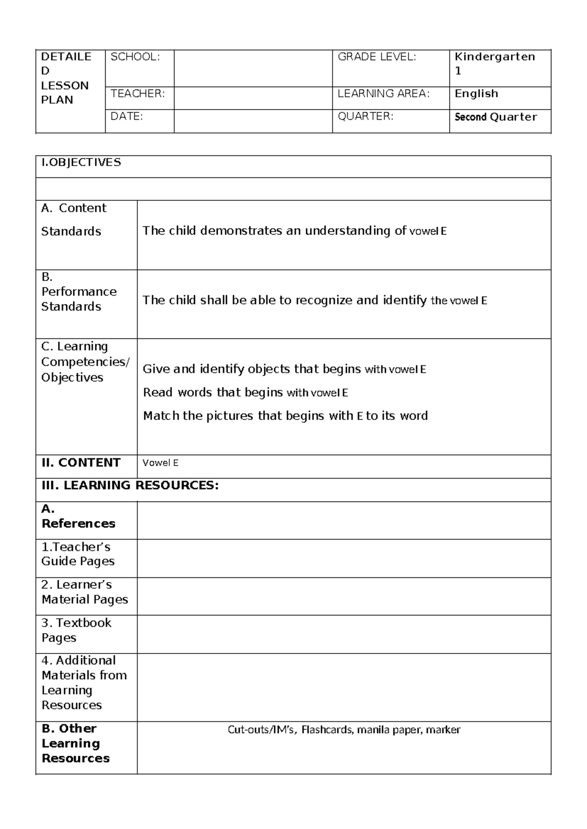 Vowel e - DETAILE D LESSON PLAN SCHOOL: GRADE LEVEL: Kindergarten 1 ...