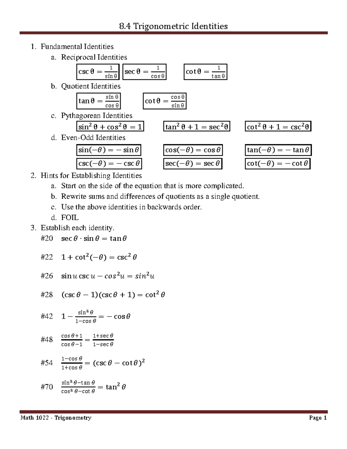 8 4 Trigonometric Identities 190401 - 8 Trigonometric Identities Math ...