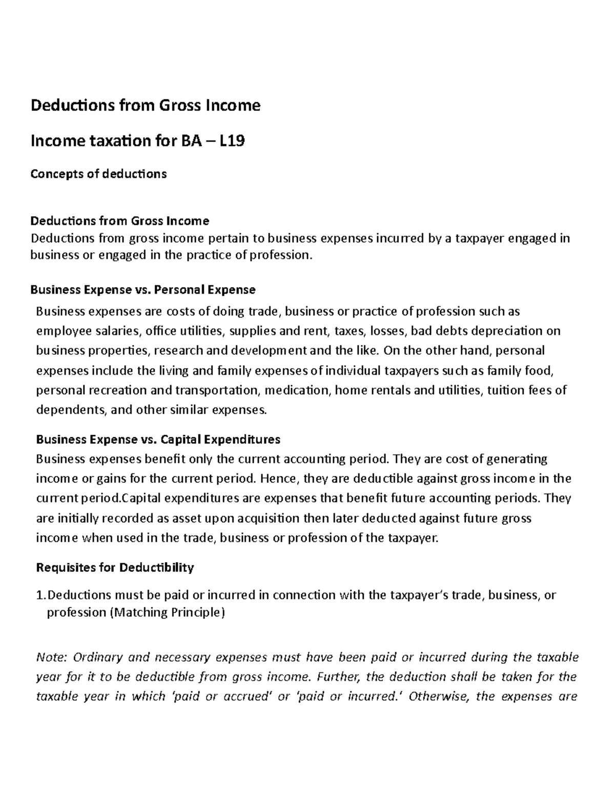 Income Taxation - 19 - Lecture notes - Deductions from Gross Income ...