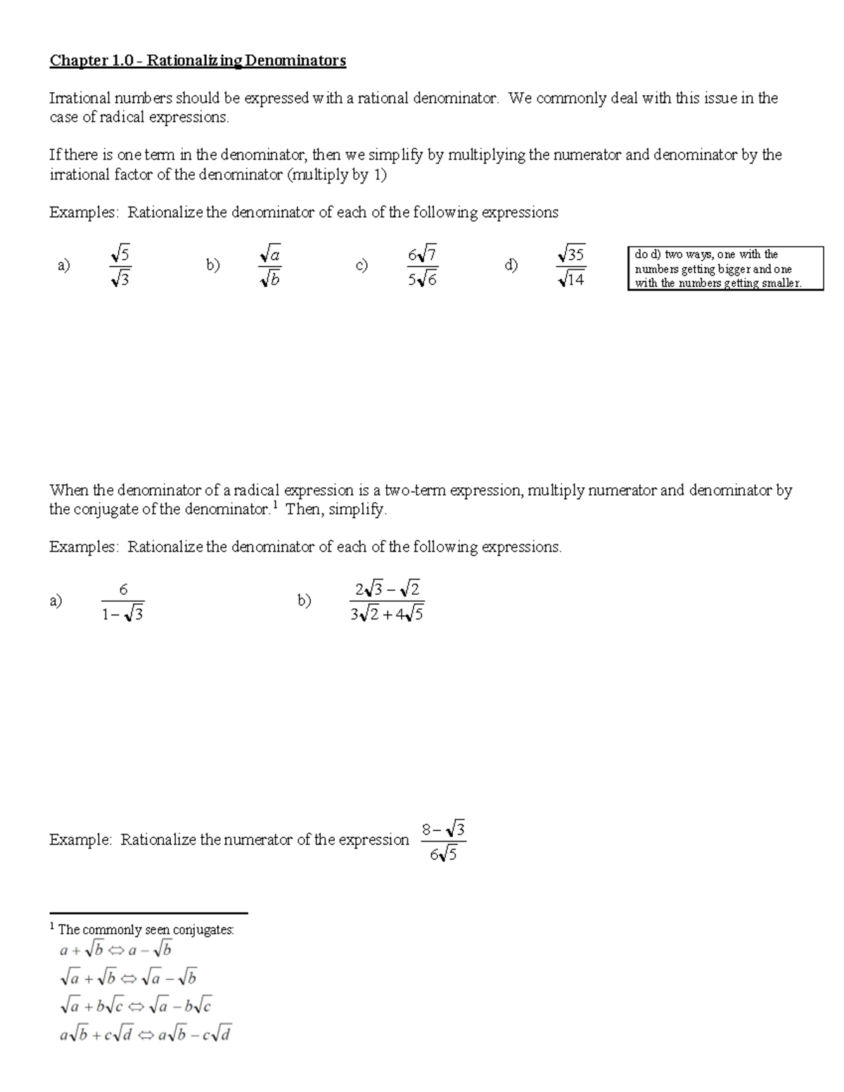 1.0 Rationalizing Denominatorrrs - Chapter 1 - Rationalizing ...