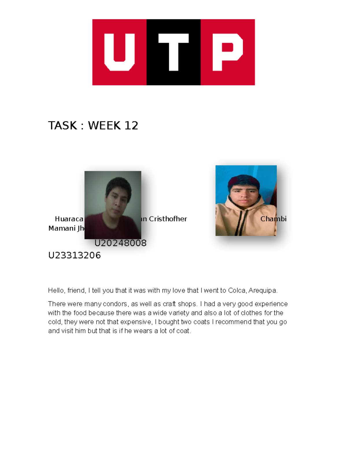 Ingles week 8 - hola como estas bbita - TASK : WEEK 12 Huaraca Fernández Brayan Cristhofher ...