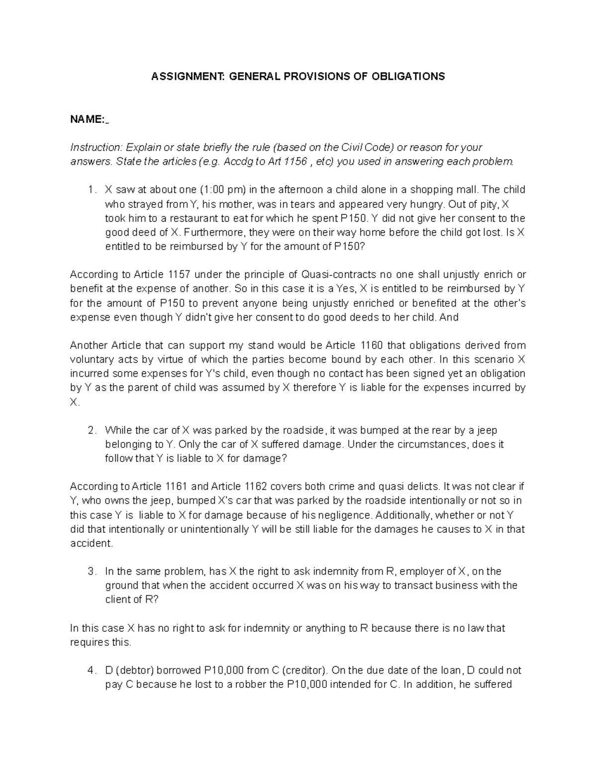 General Provisions OF Obligations - ASSIGNMENT: GENERAL PROVISIONS OF ...