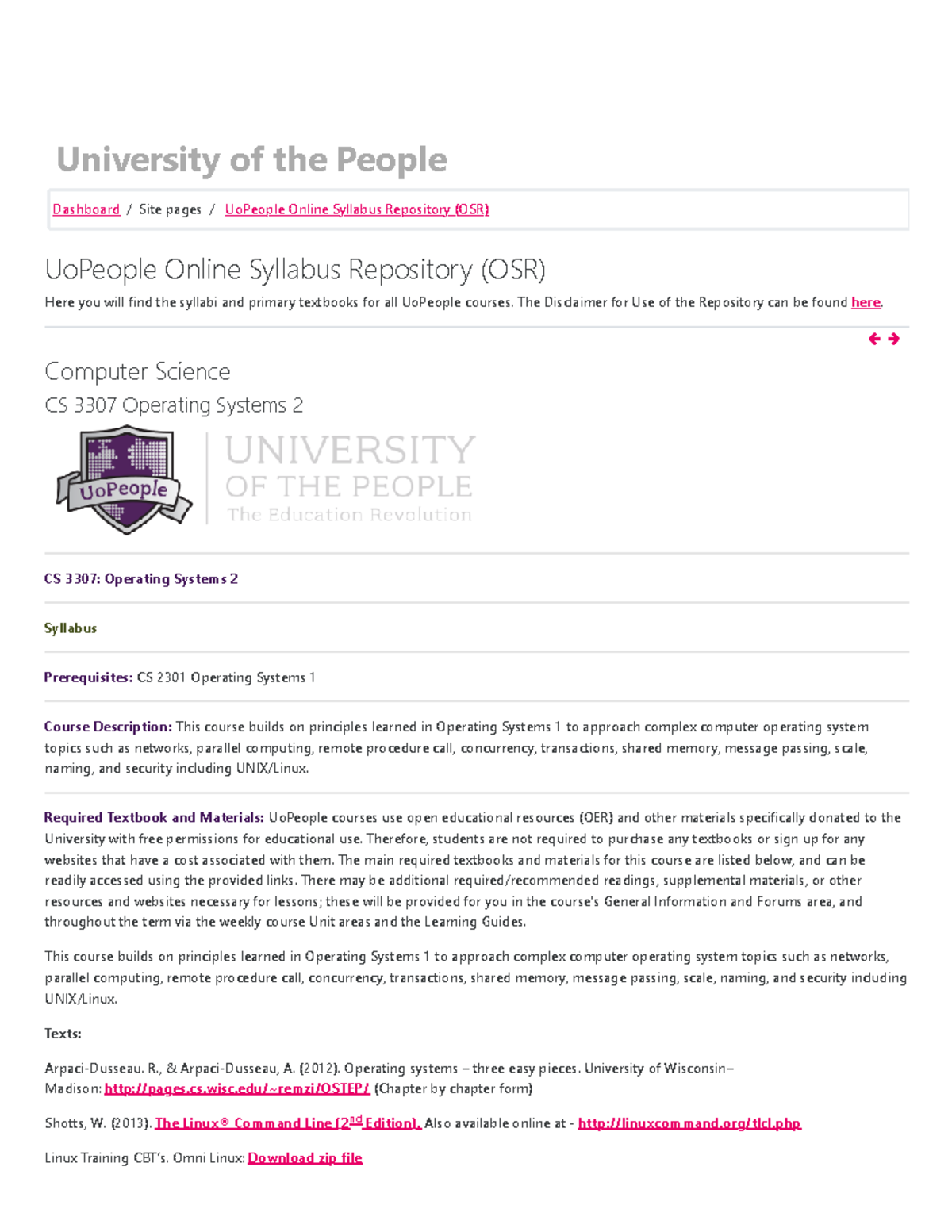 Uo People Online Syllabus Repository Osr Cs 3307 Operating Systems 2 University Of The 