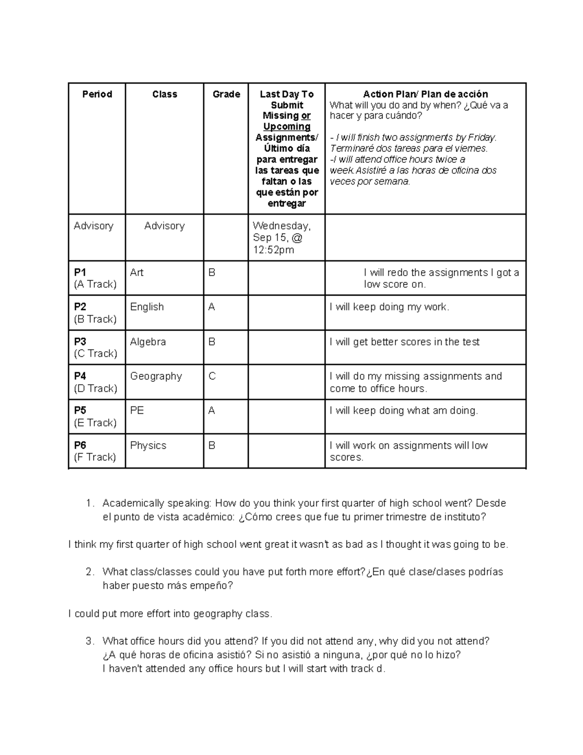 Copy of 9th Grade Check In - Period Class Grade Last Day To Submit ...