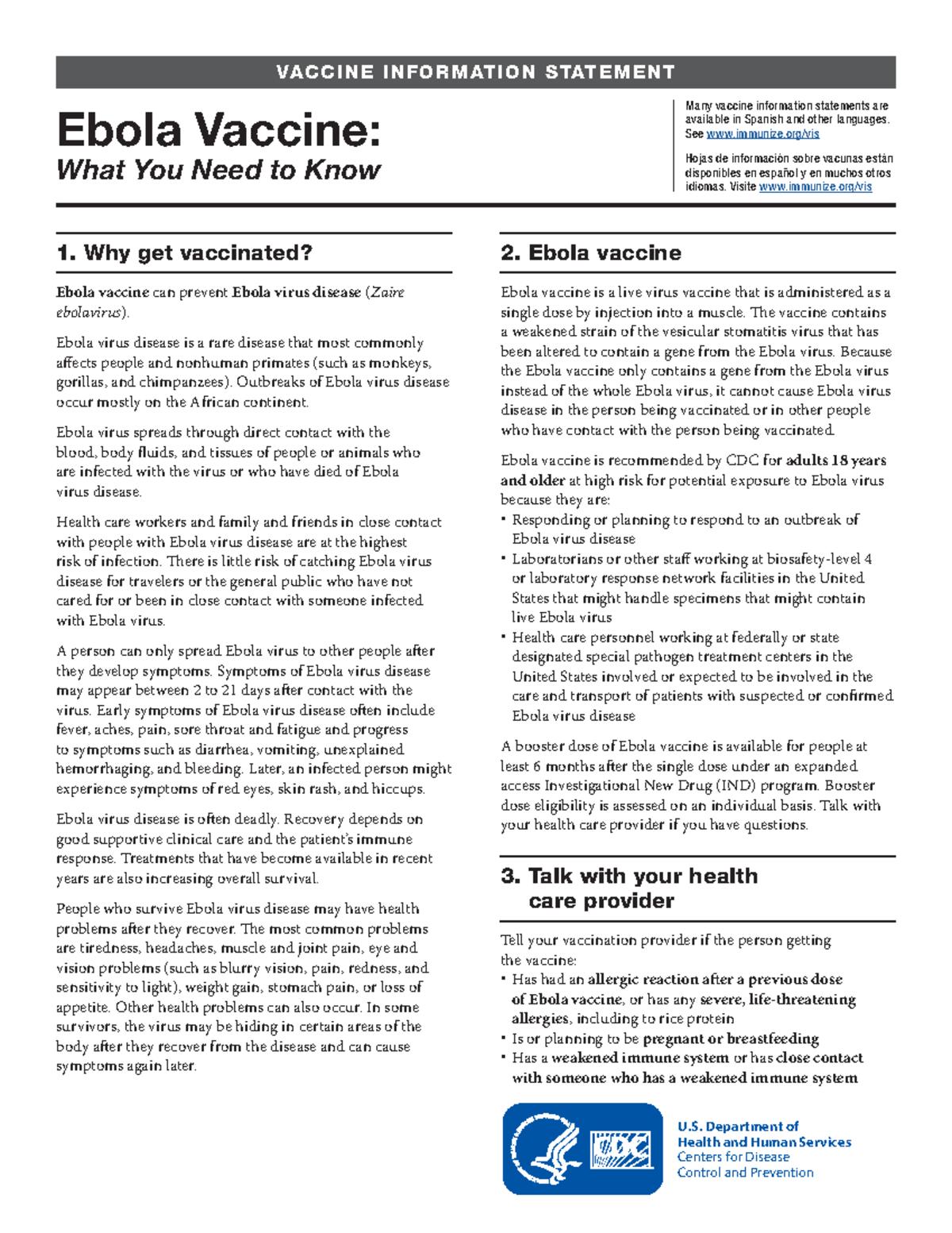 Ebola - cdc - VACCINE INFORMATION STATEMENT U. Department of Health and ...