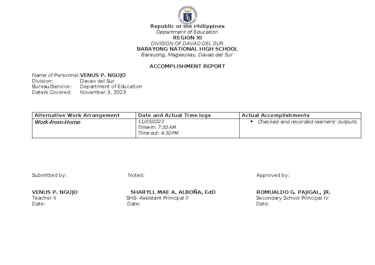 Accomplishment Report 11 3 23 - Republic of the Philippines Department ...