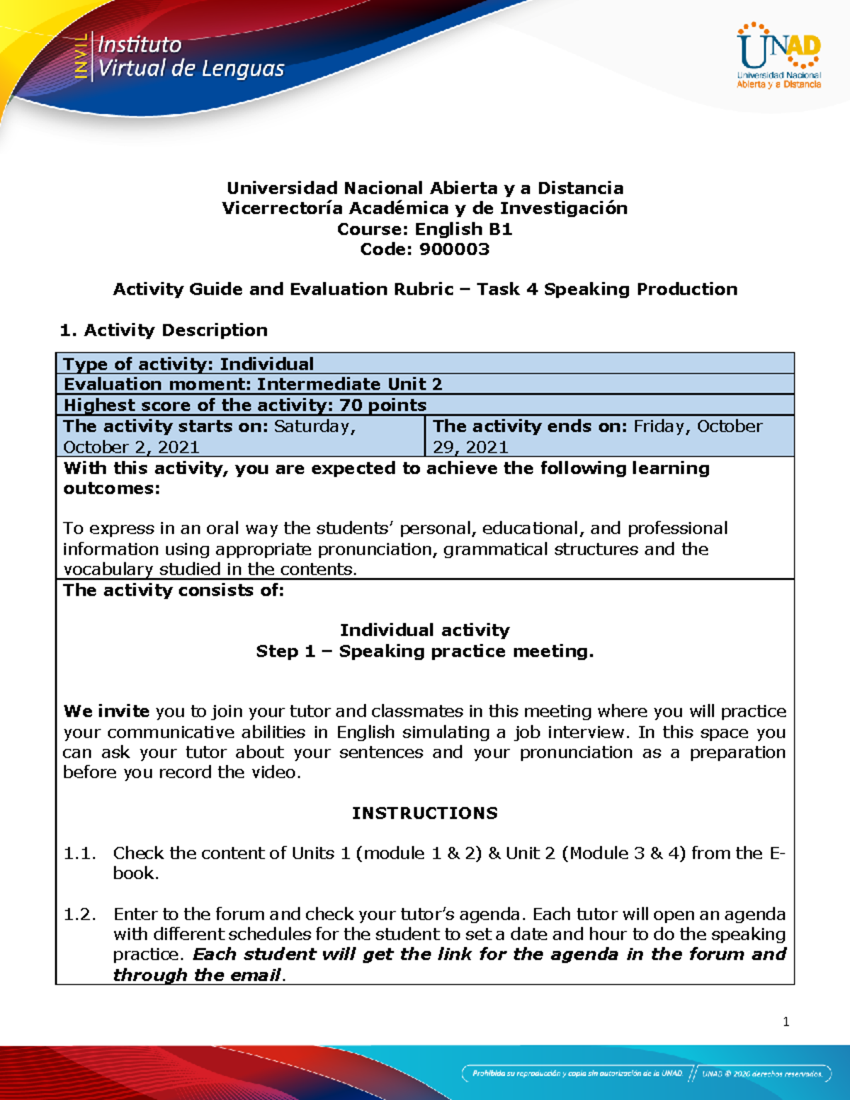 Activities guide and evaluation rubric - Unit 2 - Task 4 - Speaking ...