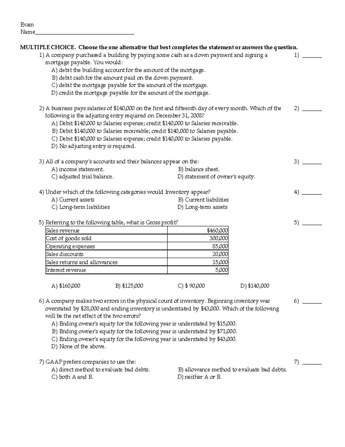 Sample/practice exam 2015, questions and answers - Exam Name