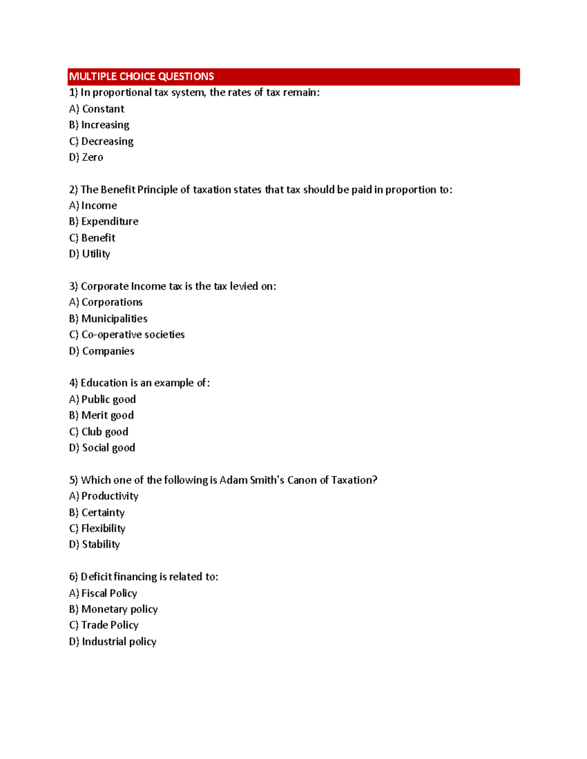 Advanced Tax Questions - MULTIPLE CHOICE QUESTIONS In proportional tax ...
