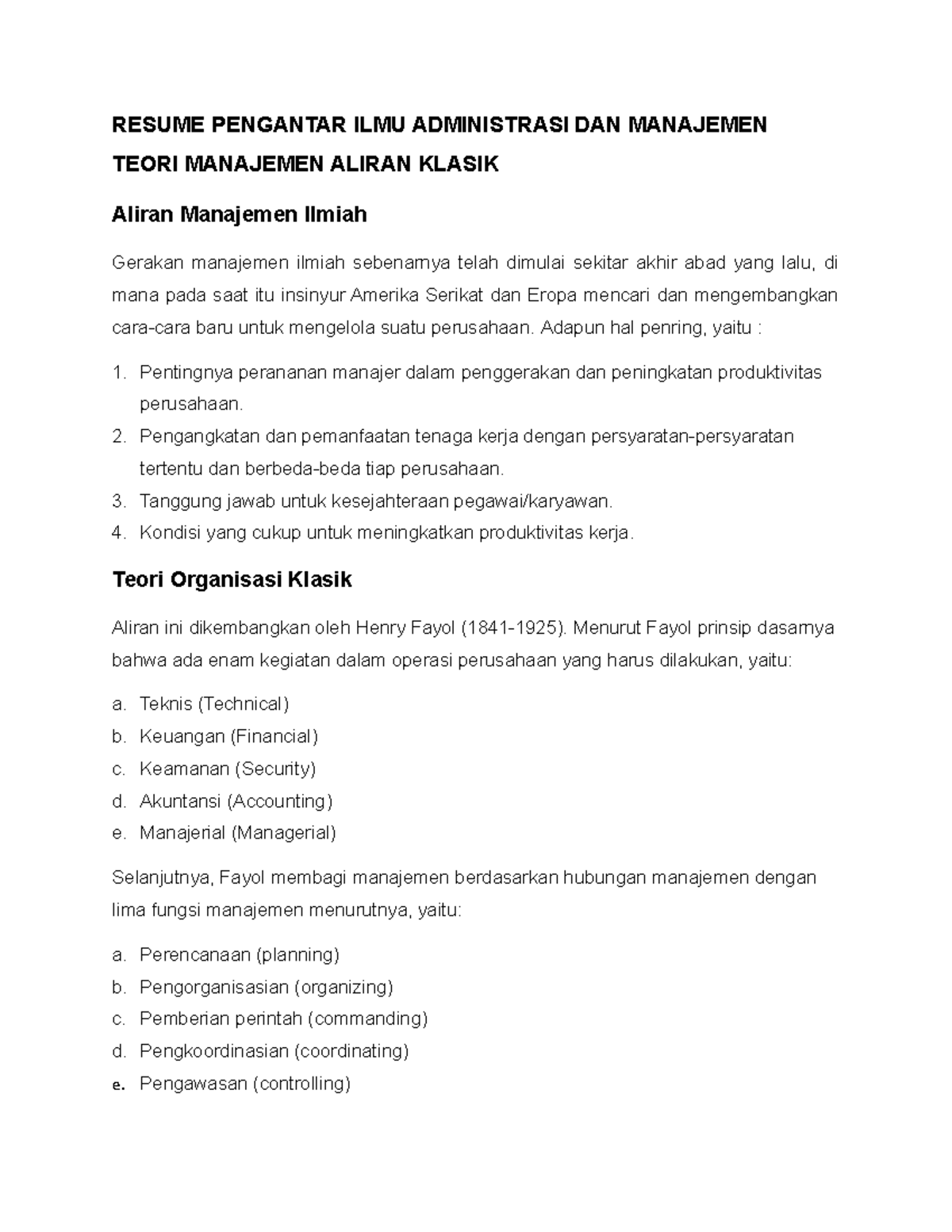 Teori Manajemen Aliran Klasik - RESUME PENGANTAR ILMU ADMINISTRASI DAN MANAJEMEN TEORI MANAJEMEN ...