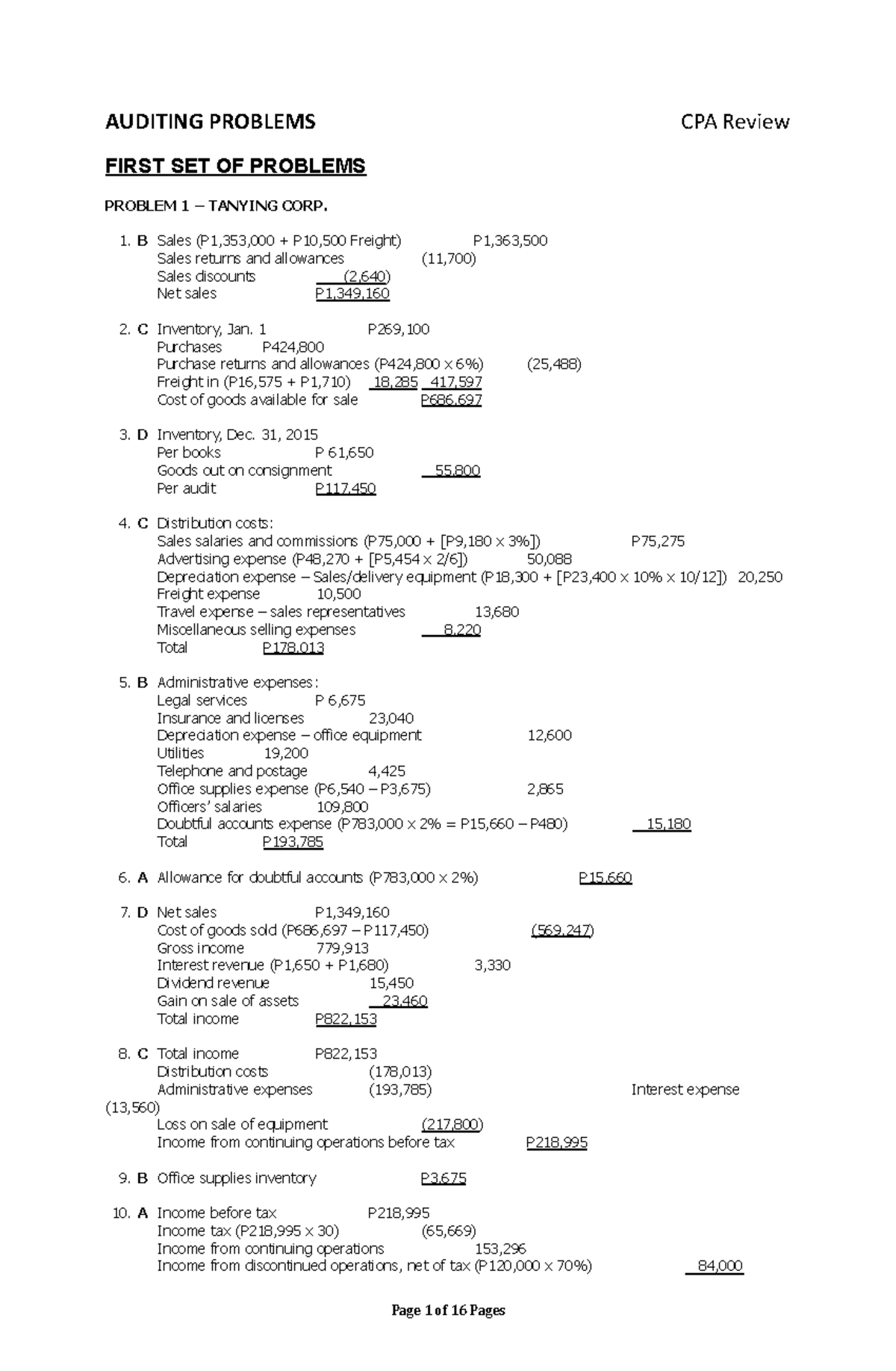 01 AUD Problems Solutions - AUDITING PROBLEMS CPA Review FIRST SET OF PROBLEMS PROBLEM 1 ...