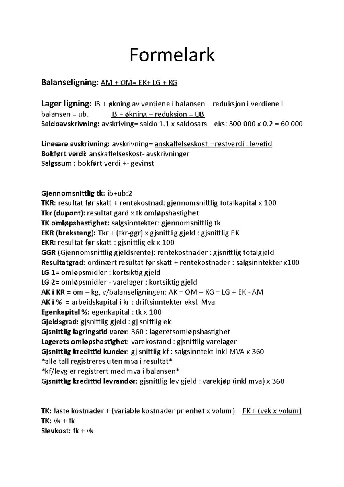 Formelark for bedøk - BØK 3422 - BI - Studocu