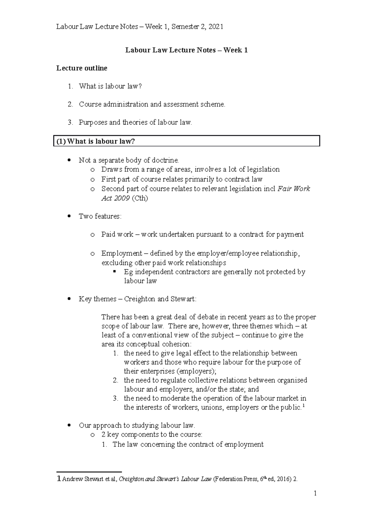 Week-1 - lecture outline + key passages from cases - Labour Law Lecture ...