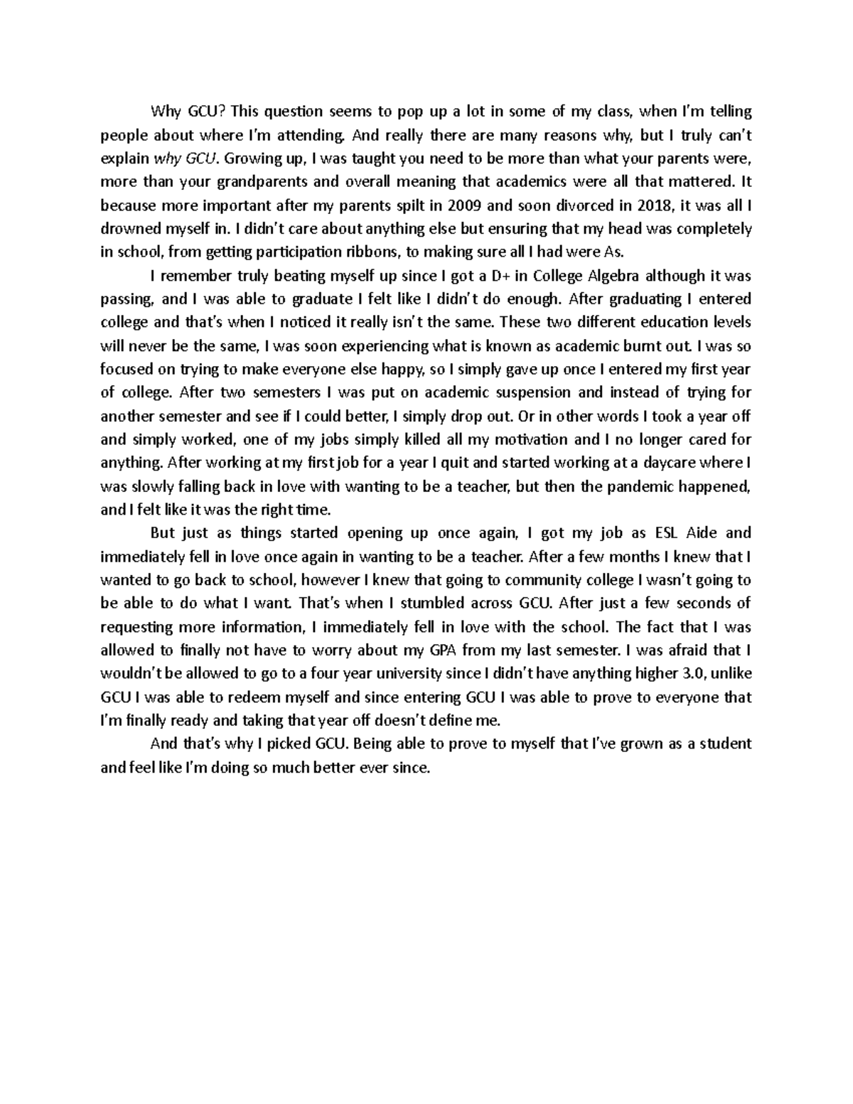 Why GCU - This was just a random essay we had to write about Why we ...
