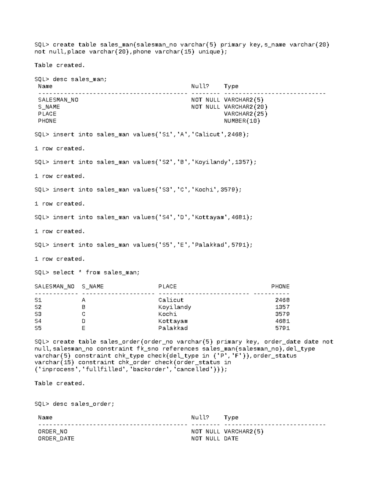 P2 - Salesman Table - Lecture notes 12 - SQL> create table sales_man ...