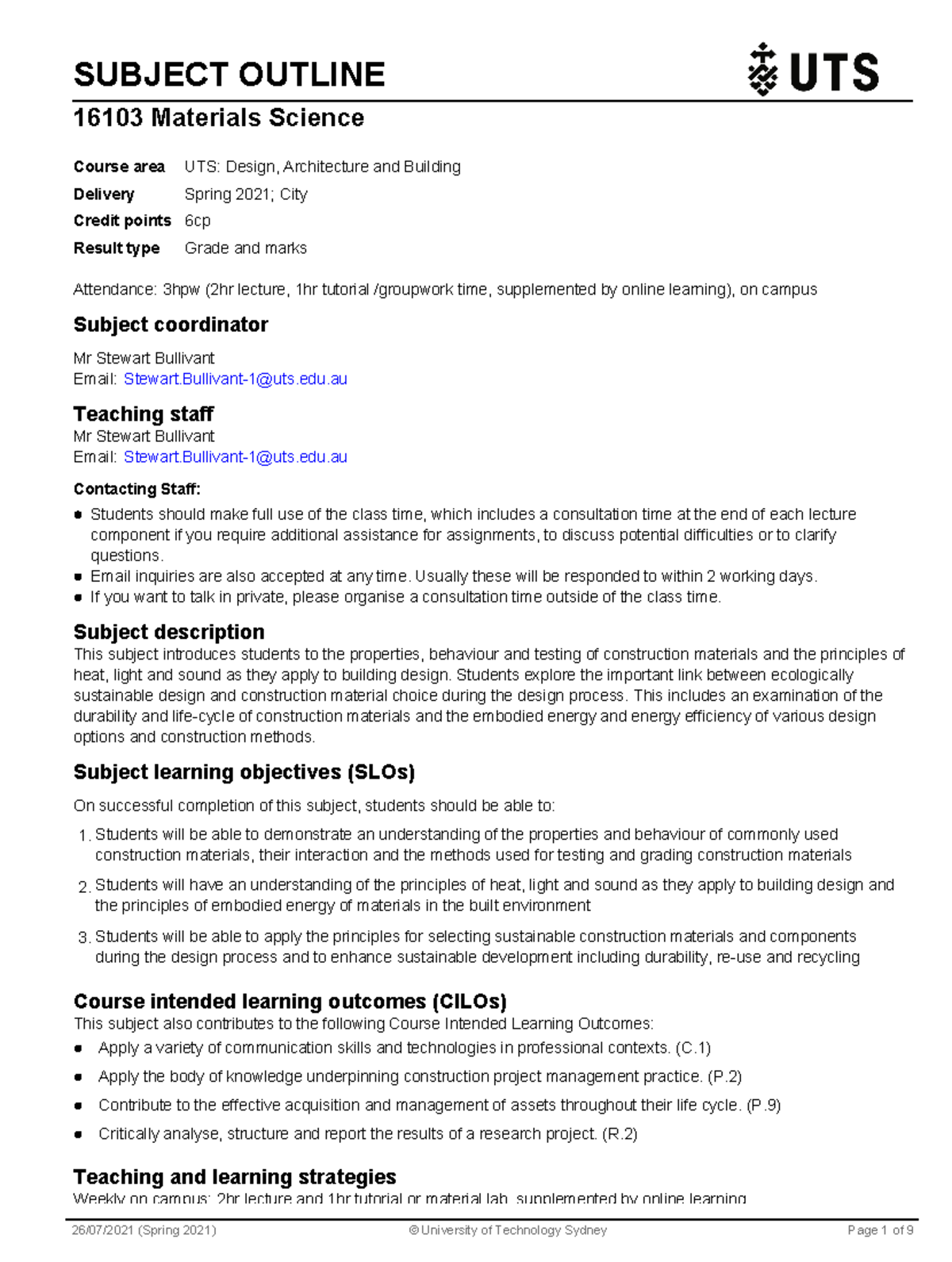 Material Science Subject Outline - SUBJECT OUTLINE 16103 Materials ...