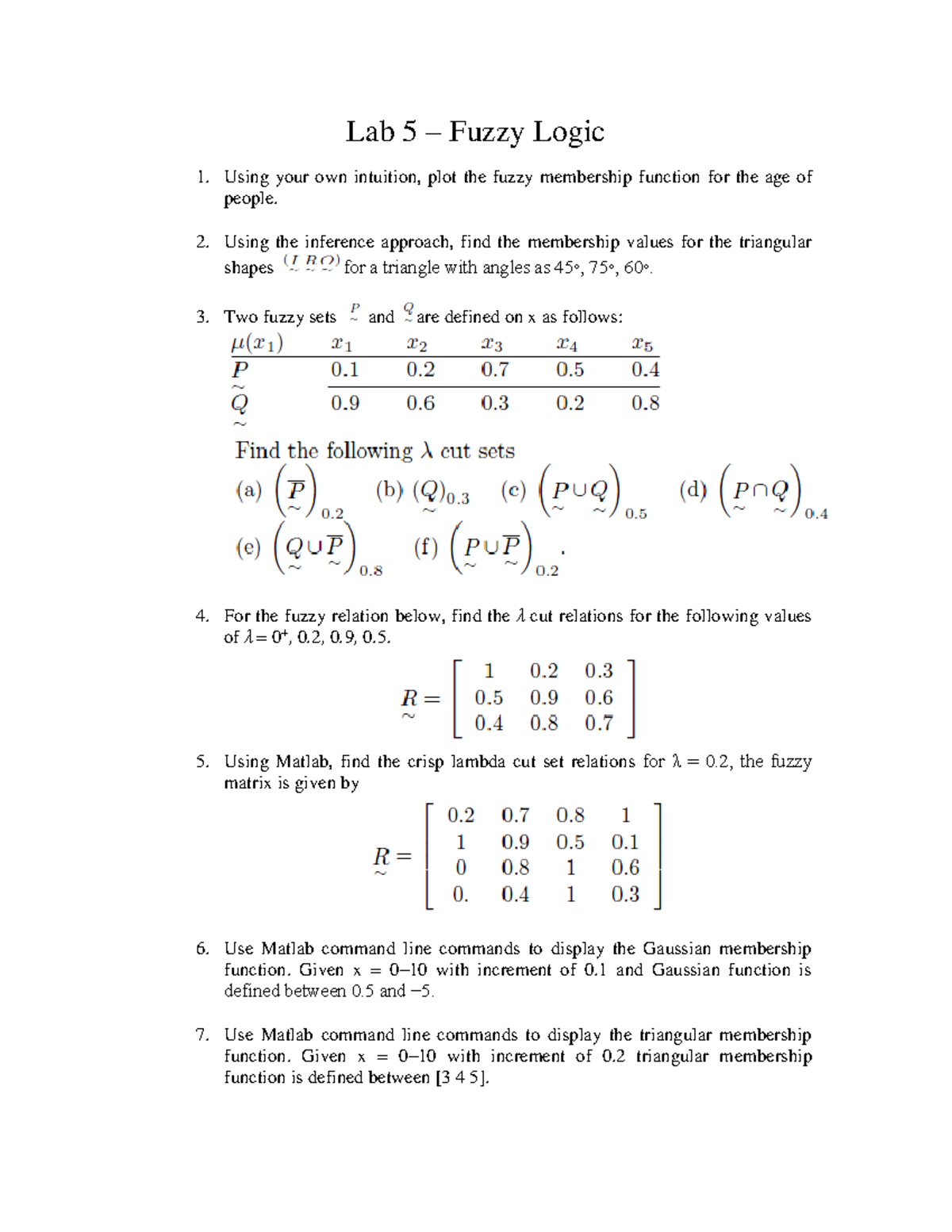 218611 Lab 5 – Fuzzy Logic - Lab 5 Fuzzy Logic 1. Using your own ...