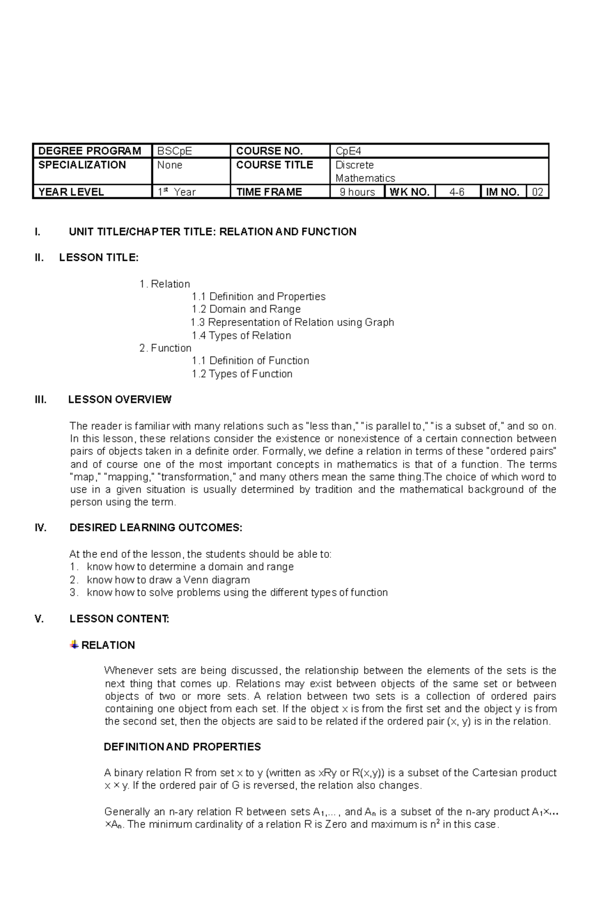 Instructional Module 2 - Relations and Functions - DEGREE PROGRAM BSCpE COURSE NO. CpE - Studocu