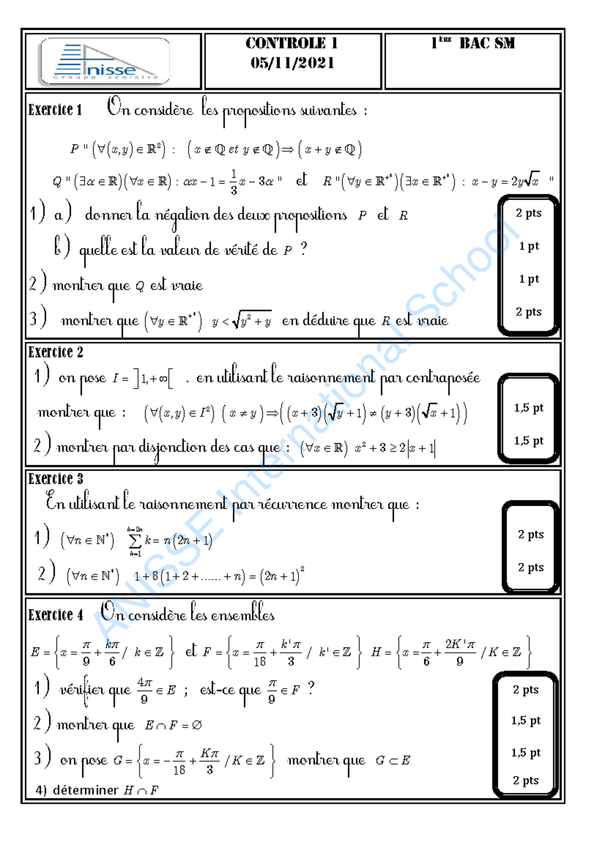 AIS 2122 1SM S1 C1 Maths - stooop - CONTROLE 1 05/11/ 1 ÈRE BAC SM ...