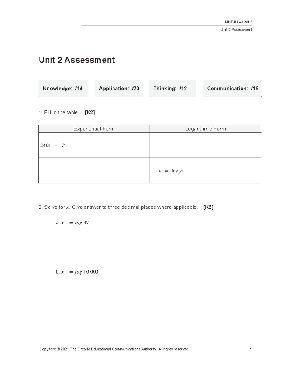 Mhf4u unit2 assessment - Unit 2 Assessment Unit 2 Assessment Knowledge ...