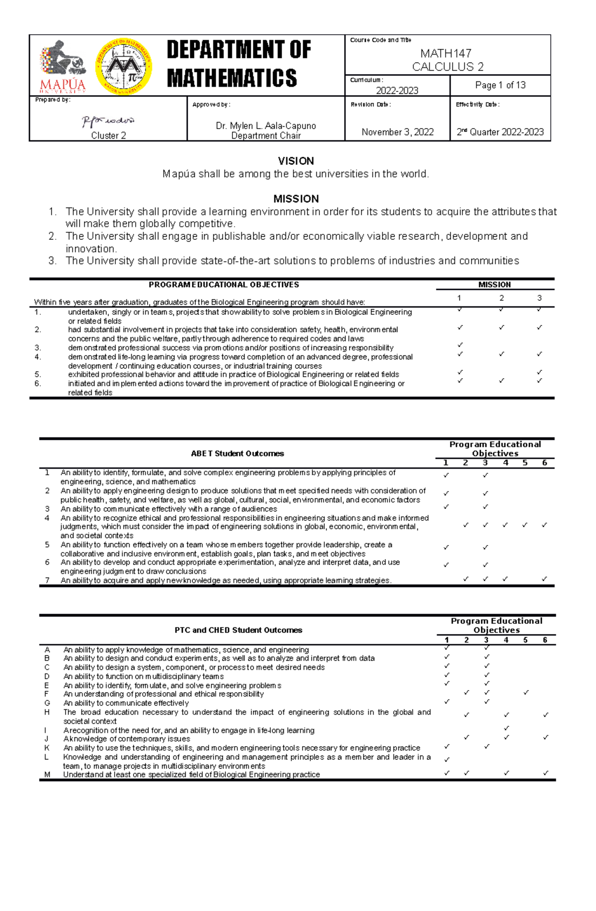 Math147 - Syllabus - DEPARTMENT OF MATHEMATICS Course Code and Title MATH CALCULUS 2 Curriculum ...