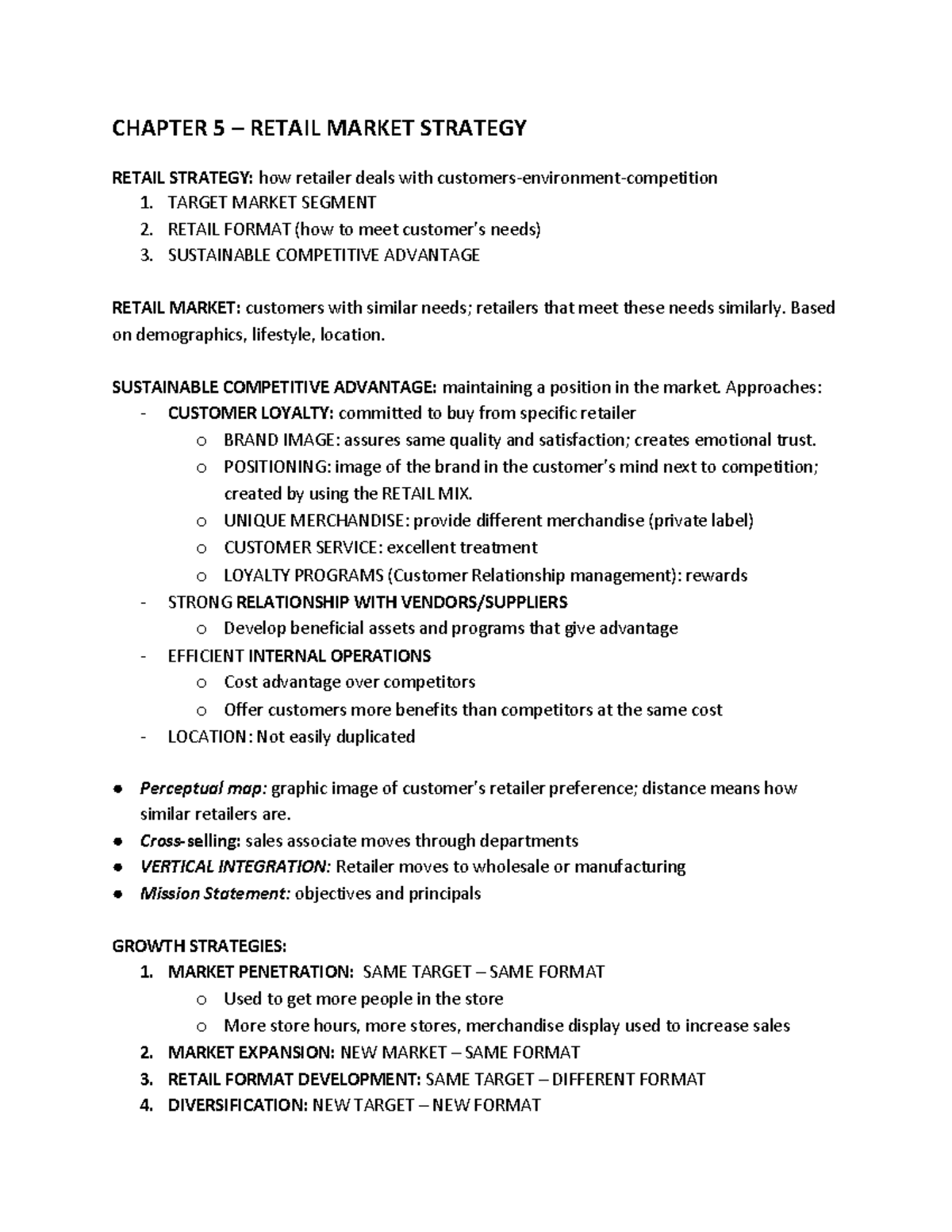 Retail Final Notes - CHAPTER 5 – RETAIL MARKET STRATEGY RETAIL STRATEGY ...