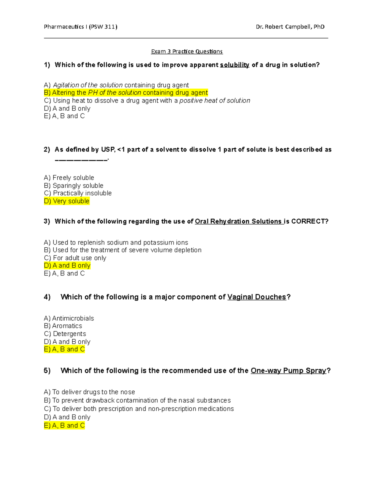 Exam 3 Practice Questions - Pharmaceutics I (PSW 311) Dr. Robert ...