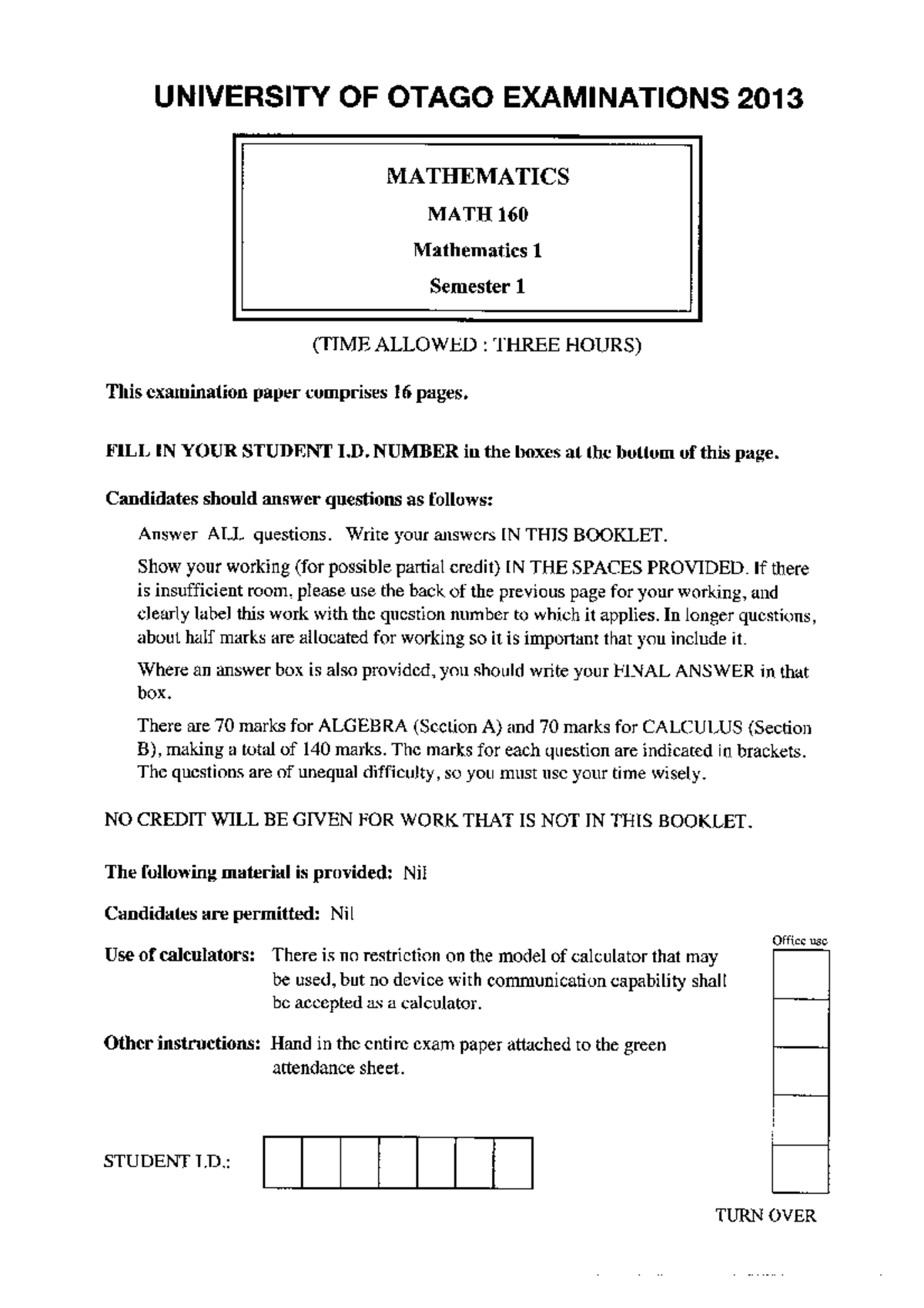 Exam Math160 2013 S1 - past papers - maths - Studocu