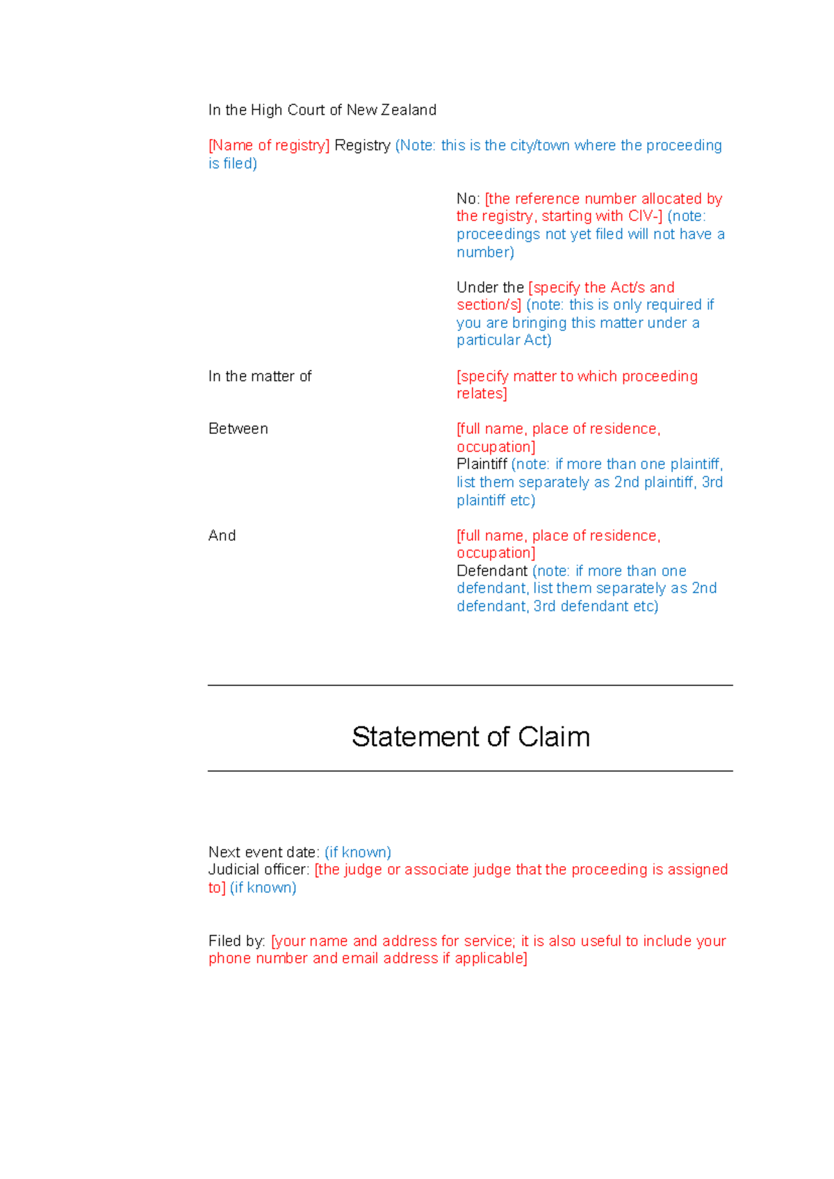 Statement of claim template - In the High Court of New Zealand [Name of ...