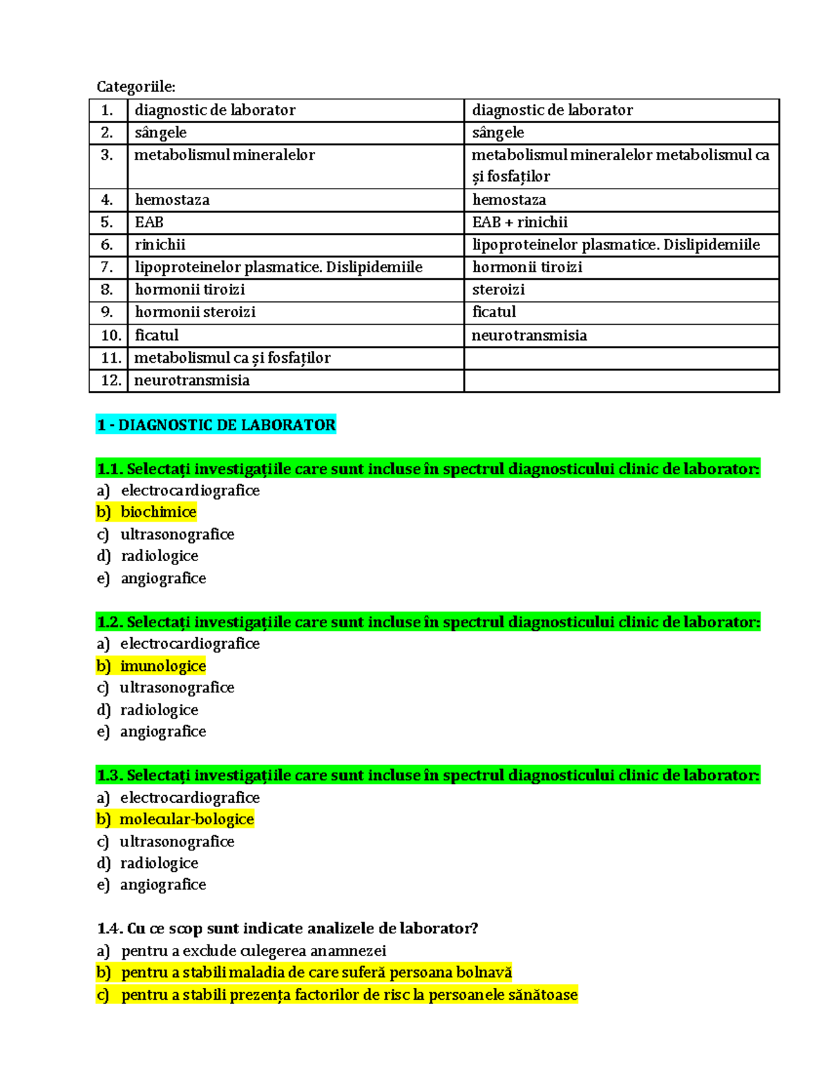 Examen biochimie clinică 1 - Categoriile: 1. diagnostic de laborator ...